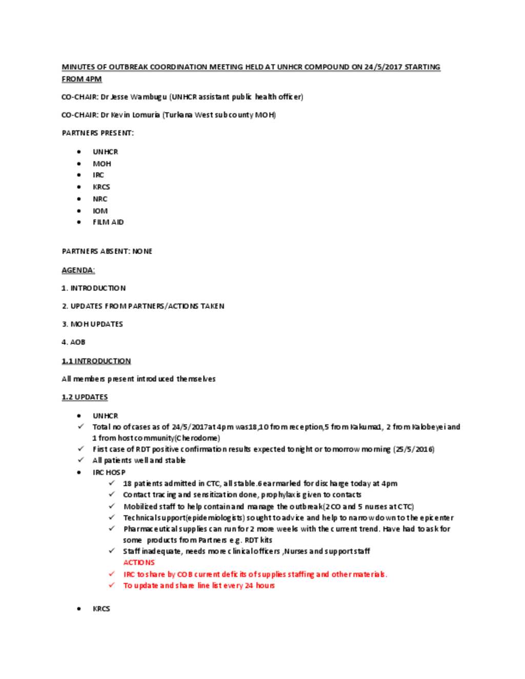 Document - Meeting Minutes - Outbreak Coordination Meeting 24 May 2017