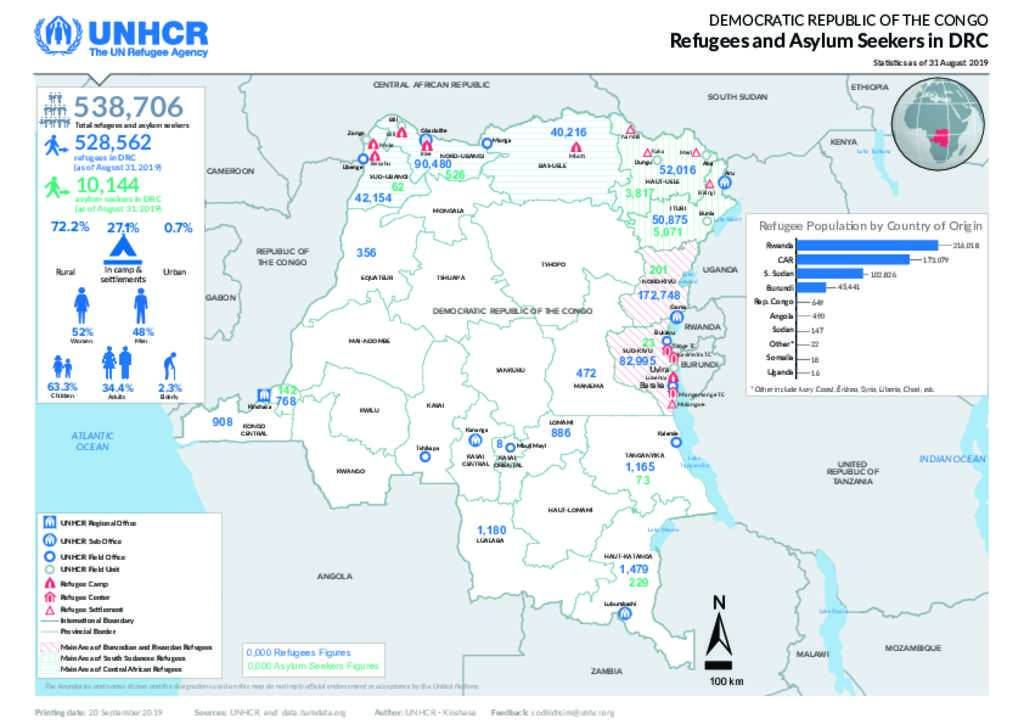 Document - UNHCR DRC Map - Refugees and Asylum Seekers in DRC (August 2019)