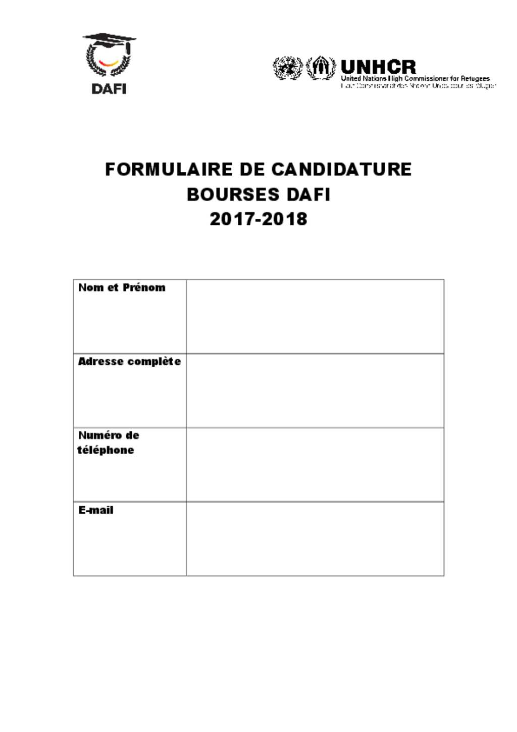 Document - Formulaire de candidature Bourse DAFI