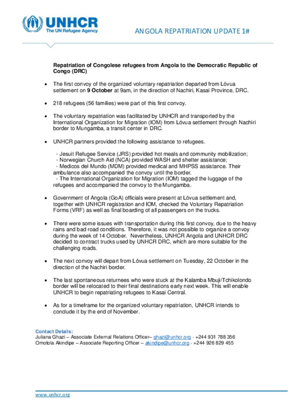 Document - UNHCR Angola Repatriation Update #1