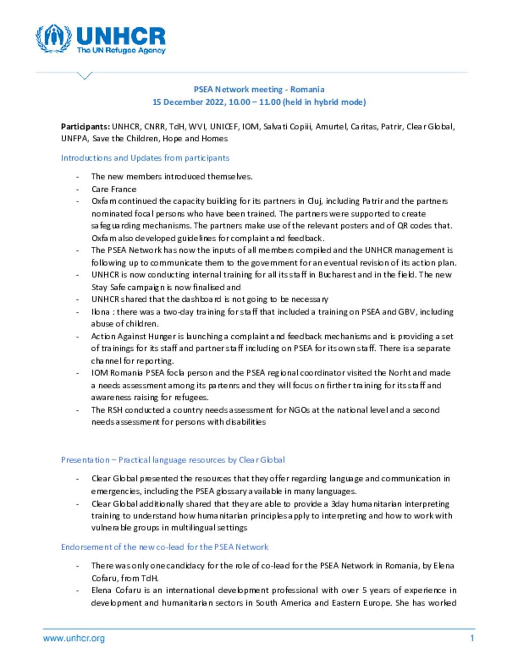 Document - Romania PSEA network - MoM 2022.12.15