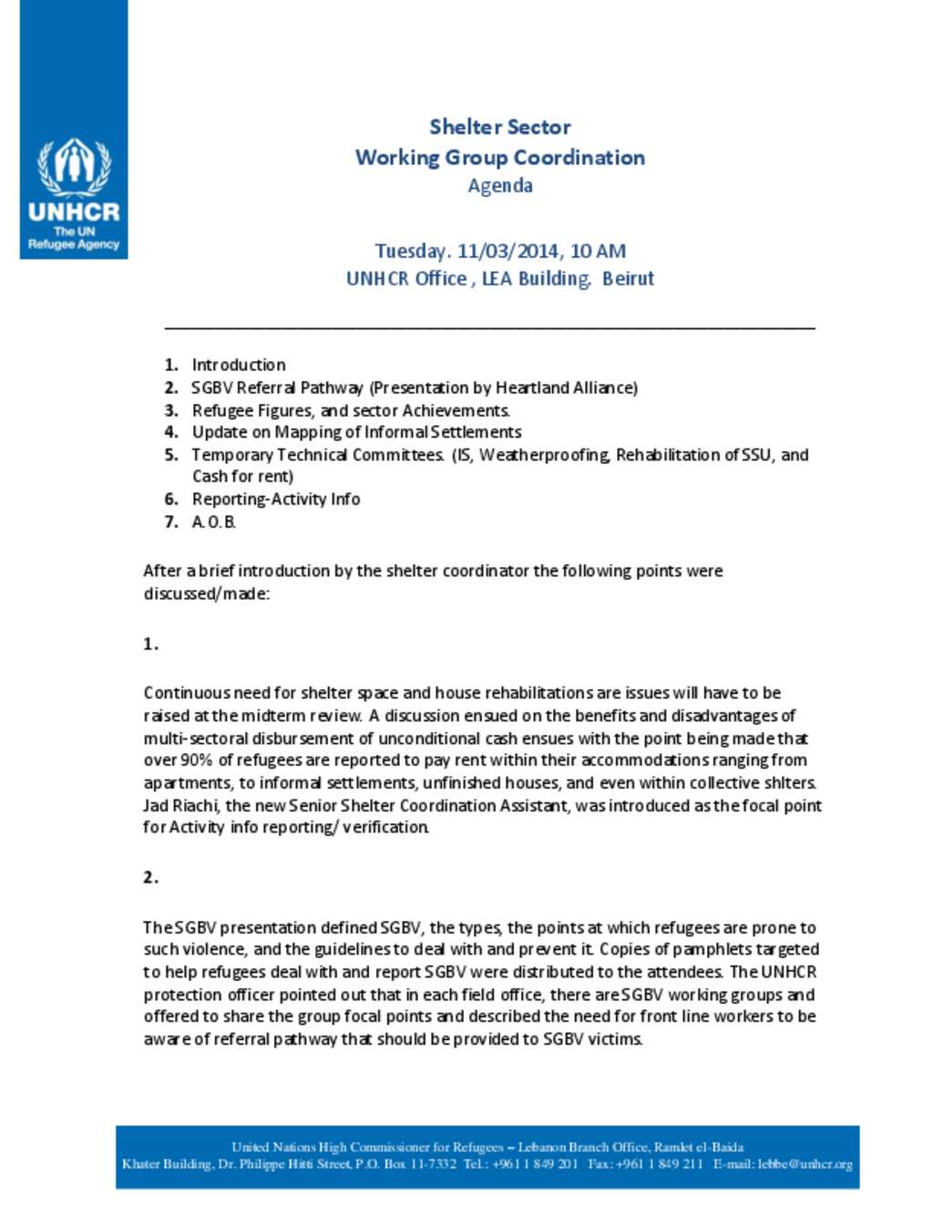 Document - Shelter Sector Working Group Coordination Minute -11 march 2014