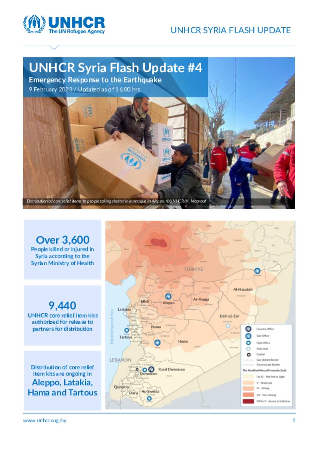 Document - UNHCR Syria Emergency Response to Earthquake: Flash Update #4