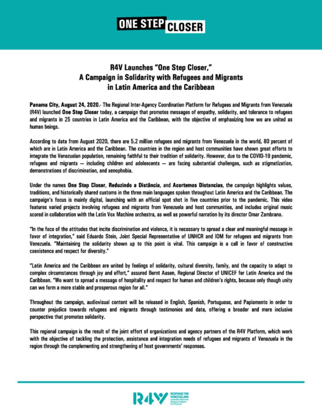 Document - R4V Launches “One Step Closer,” A Campaign in Solidarity ...