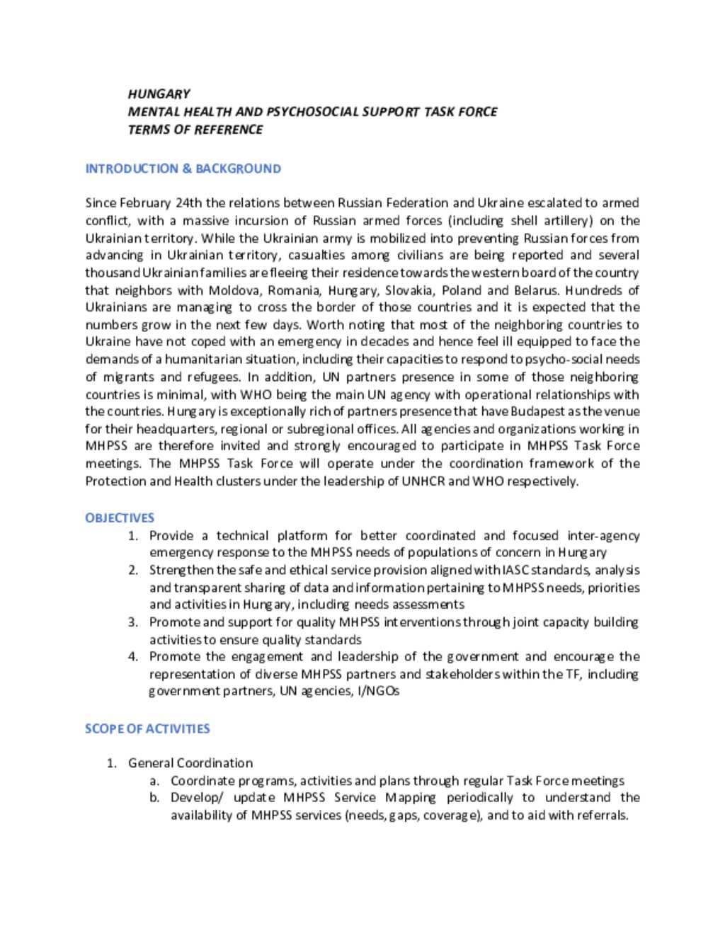 Document - Hungary: Mental Health And Psychosocial Support Task Force TERMS OF REFERENCE - April ...