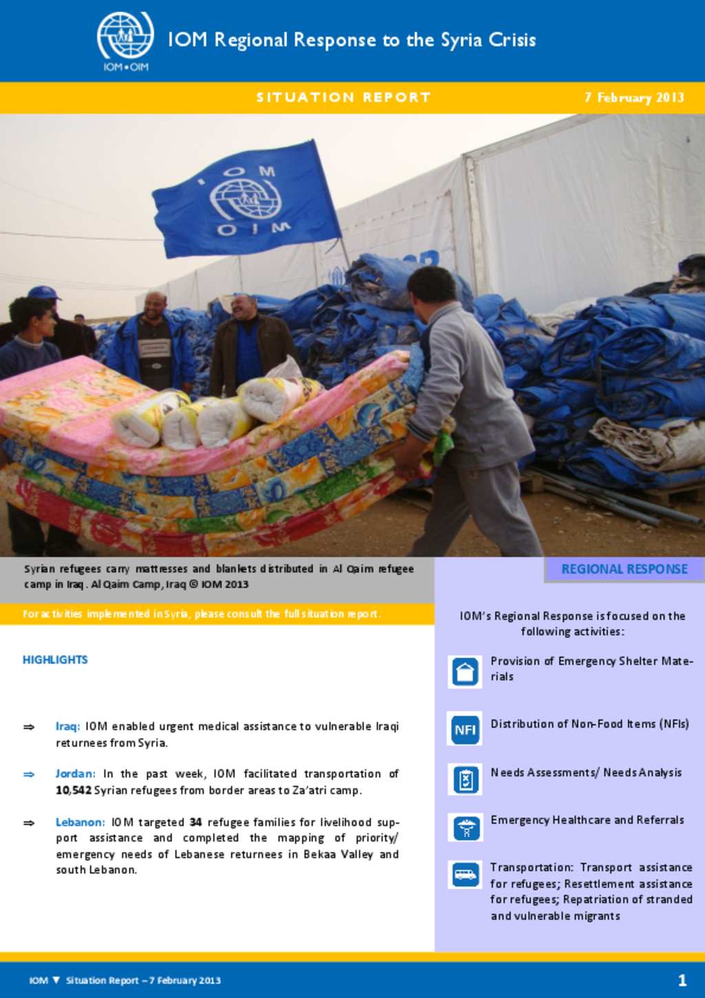 Document - IOM Regional Response to the Syria Crisis - 07 February 2013