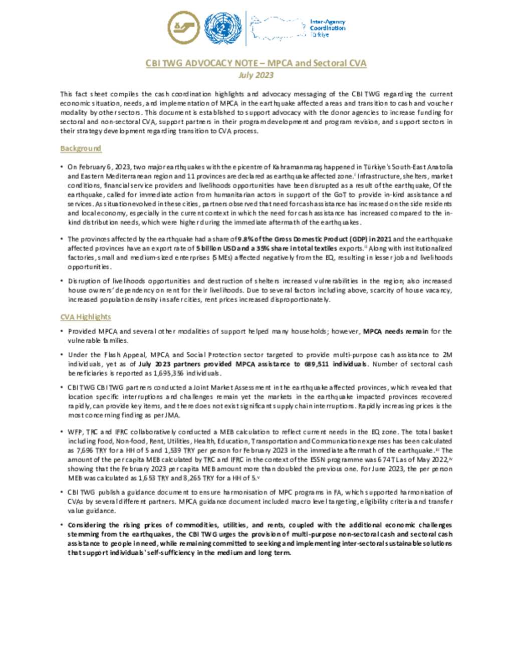 Document - Türkiye: CBI TWG Advocacy Note – MPCA and Sectoral CVA July 2023