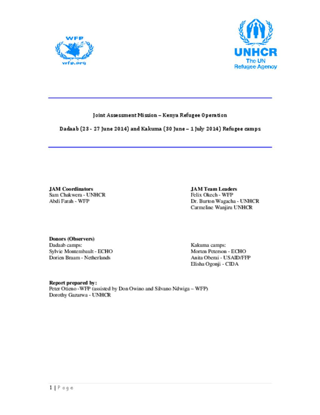 Document - UNHCR- WFP Joint Assessment Mission ( JAM ) to Dadaab and ...