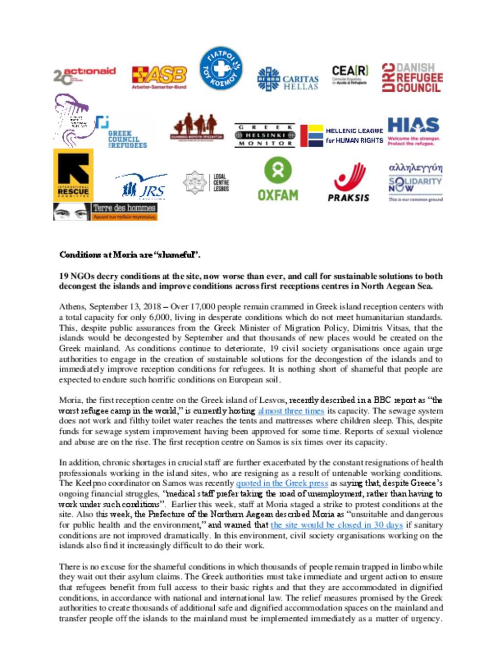 Document - Joint NGO Statement For Conditions on the North Aegean Islands