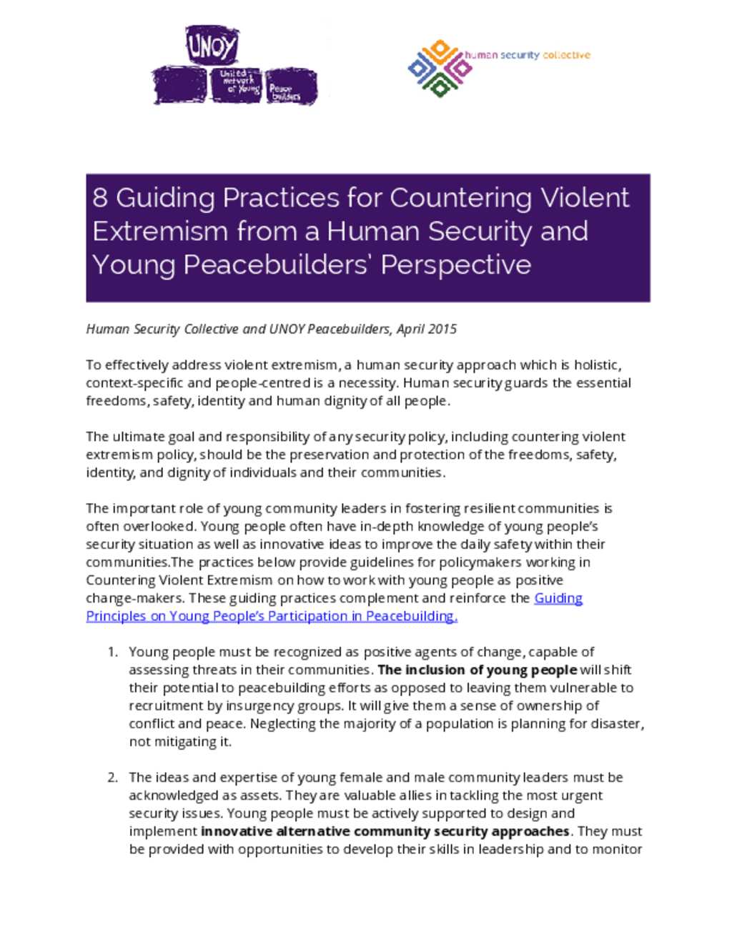 Document - UN - 8 Guiding Practices for Countering Violent Extremism from a Human Security and ...