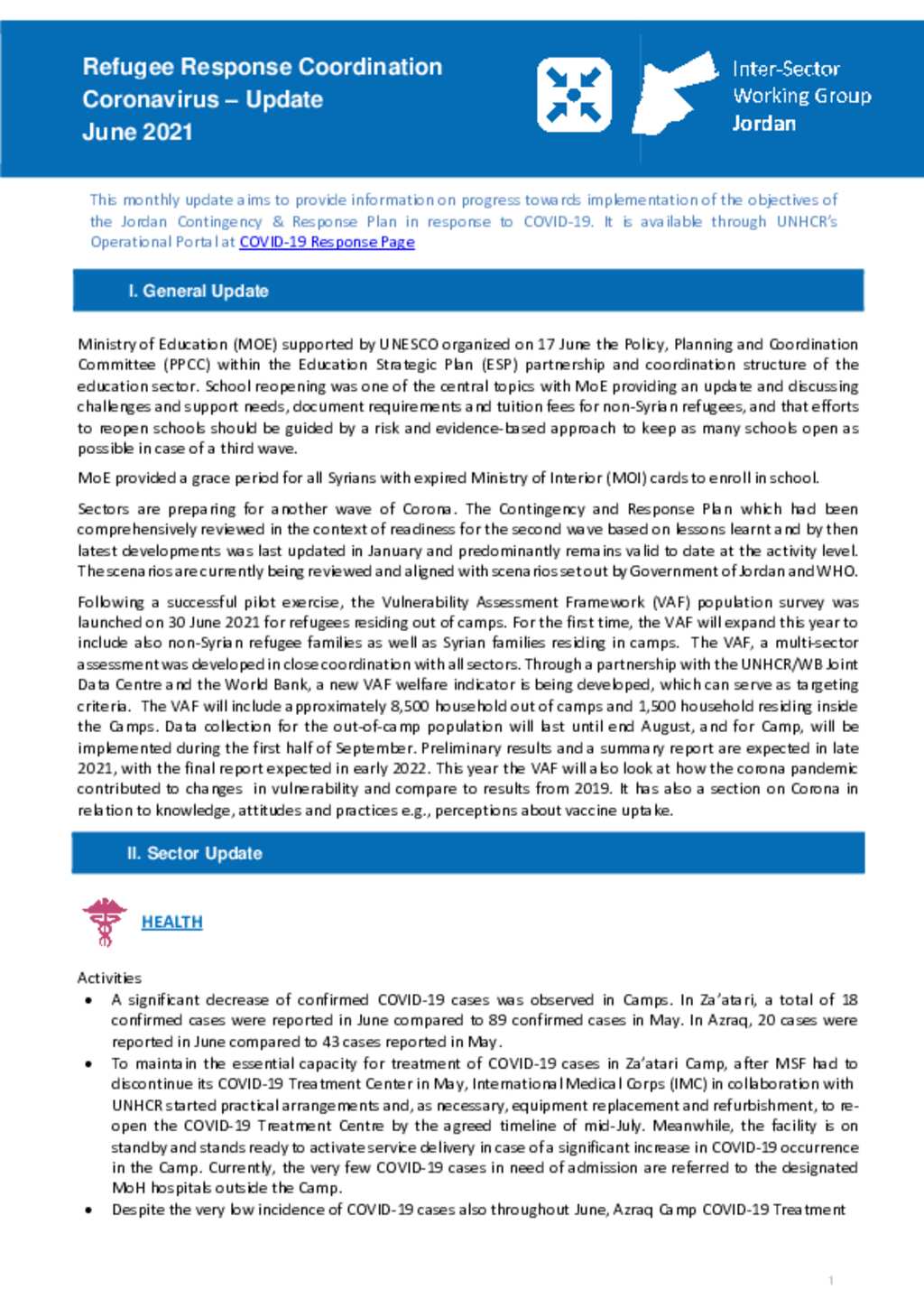 Document - Jordan: Refugee Response - Corona Update (June 2021)