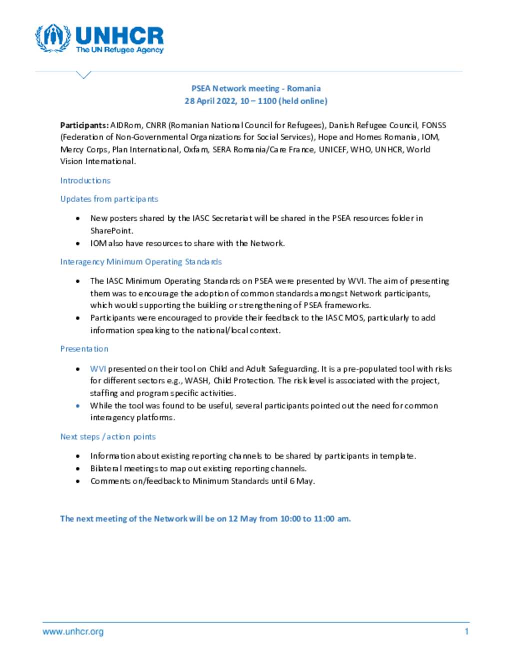 Document - Romania PSEA network - MoM 2022.04.28