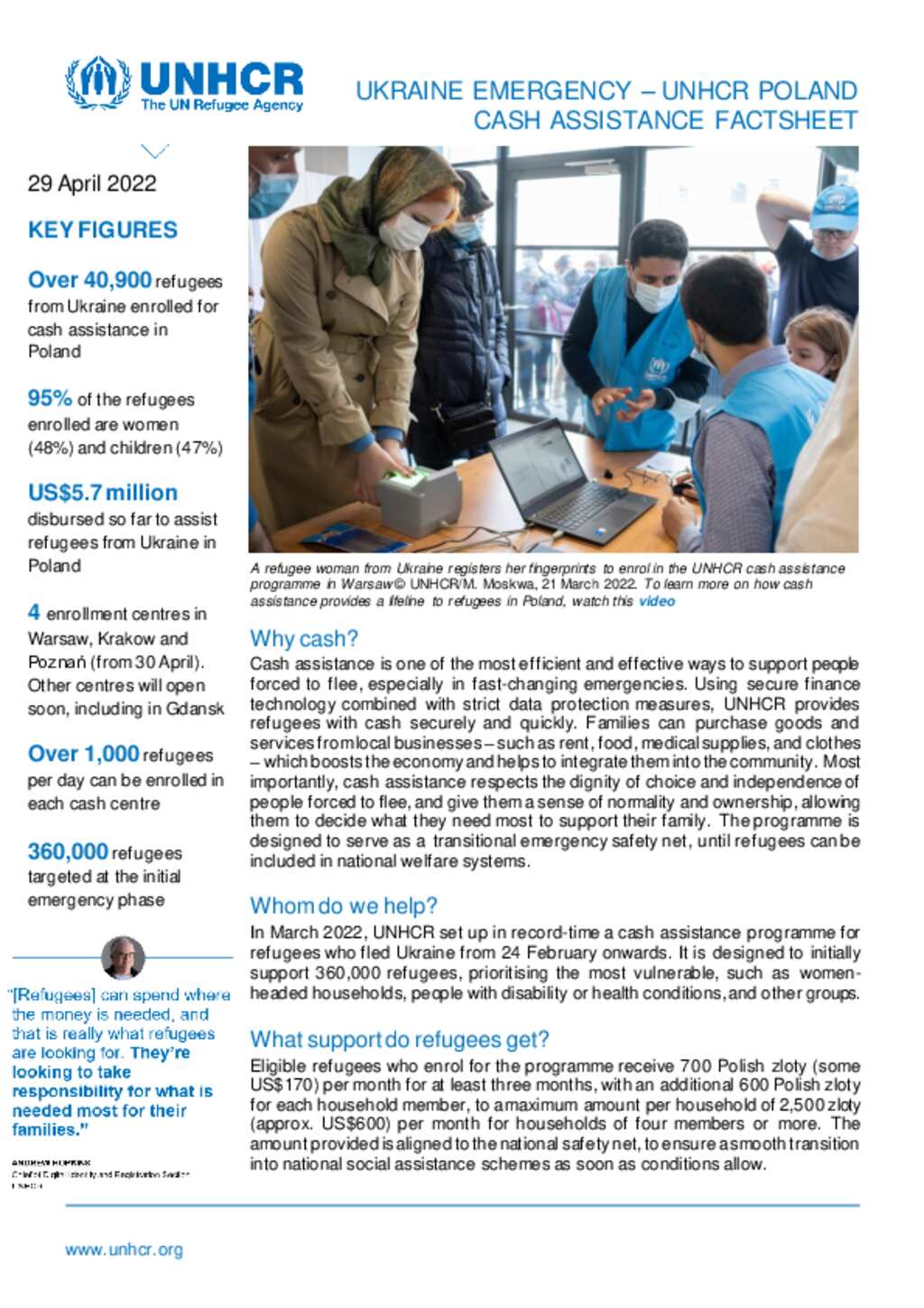 Document - Poland: UNHCR Cash Assistance Factsheet (29 April 2022)