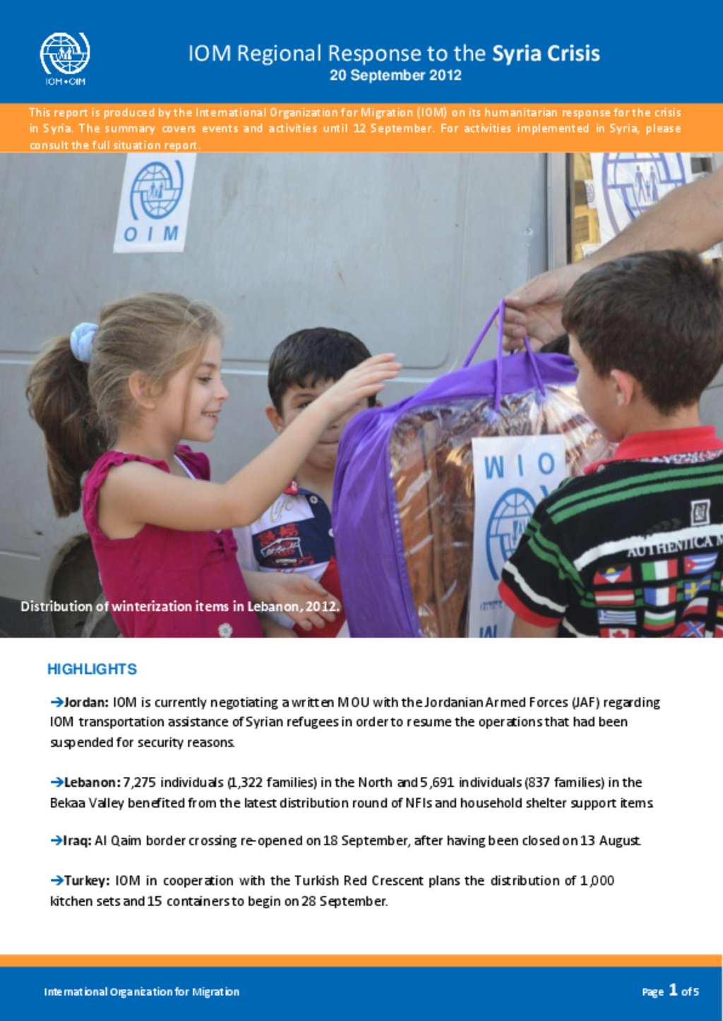 Document - IOM Regional Response to the Syria Crisis - 20 September 2012