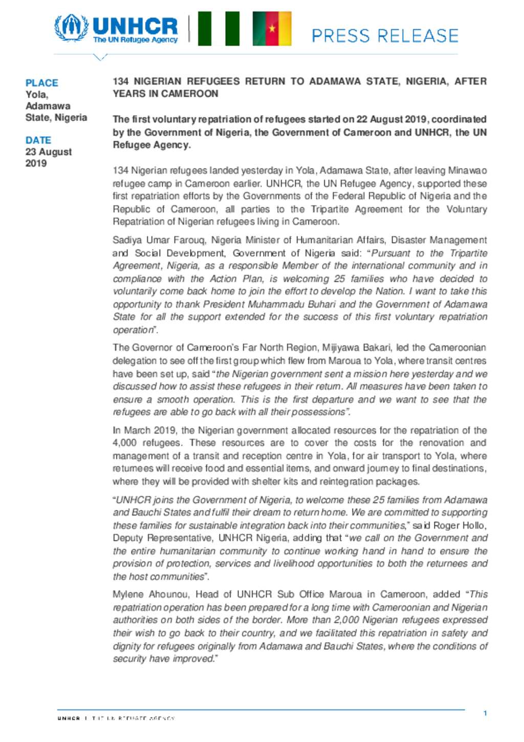 Document UNHCR TWG Voluntary Repatriation Joint Press Release