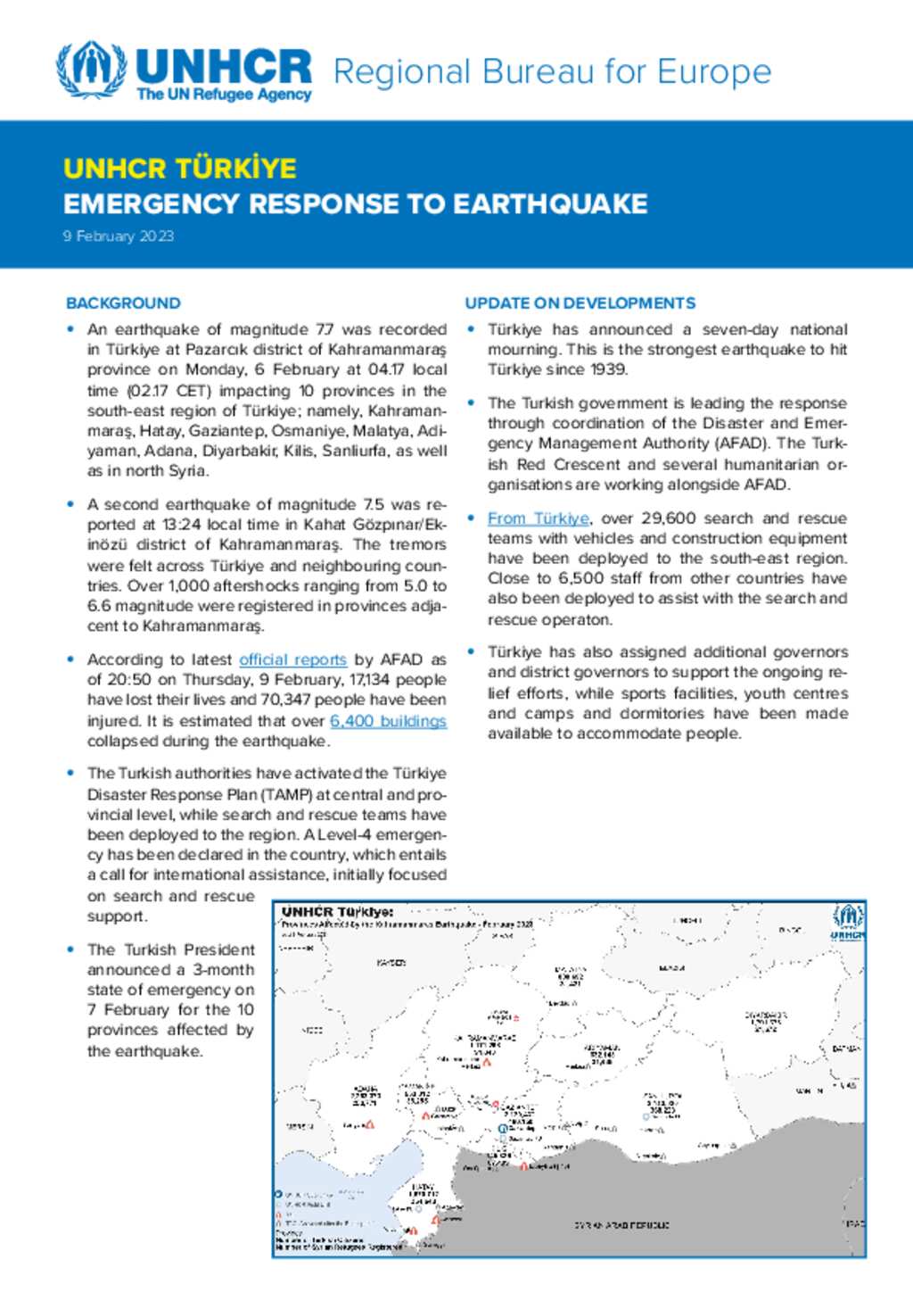 Document - Türkiye - UNHCR: Emergency Response to Earthquake