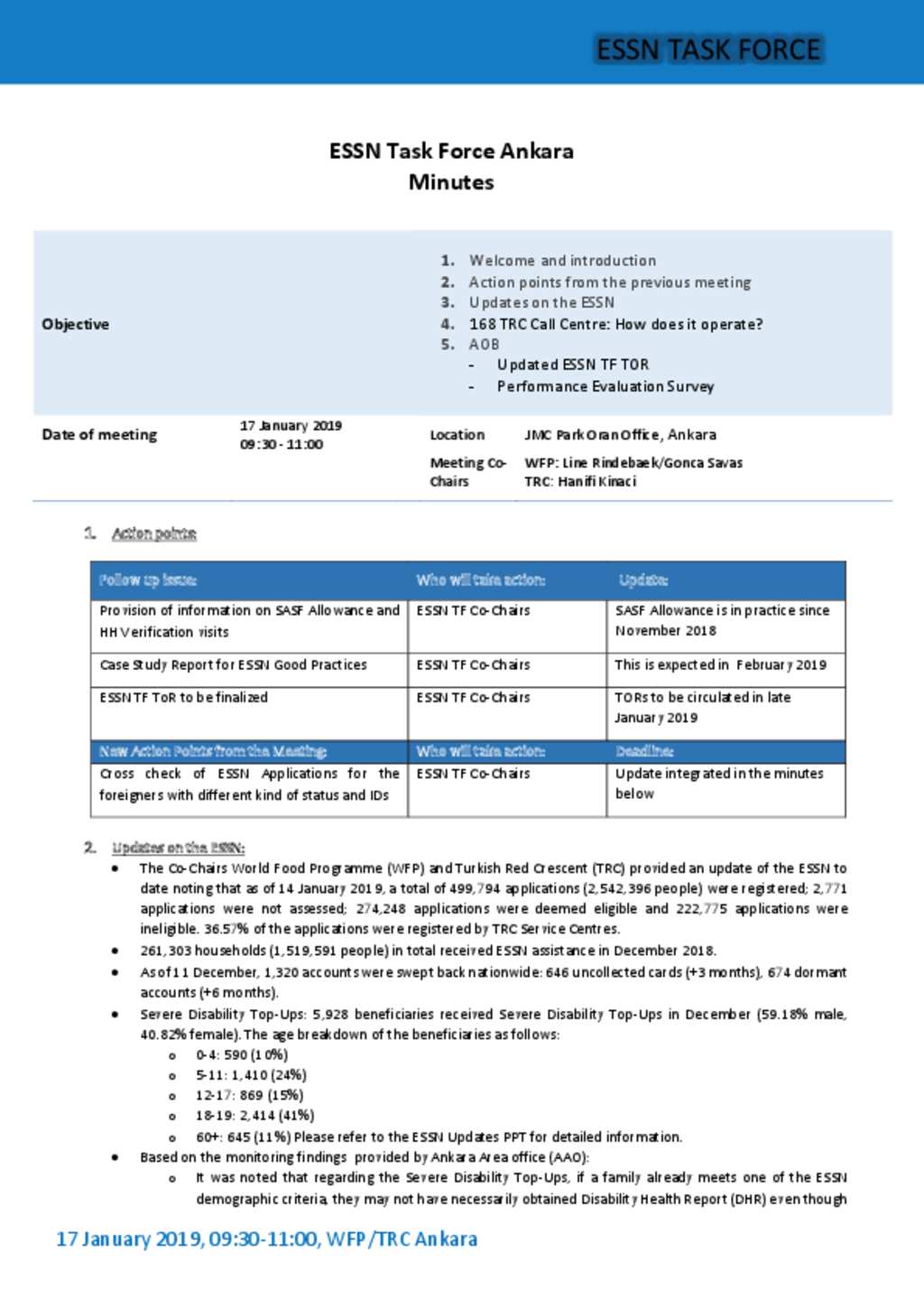Document - Turkey: ESSN Task Force Ankara Meeting Minutes - 17 January 2019
