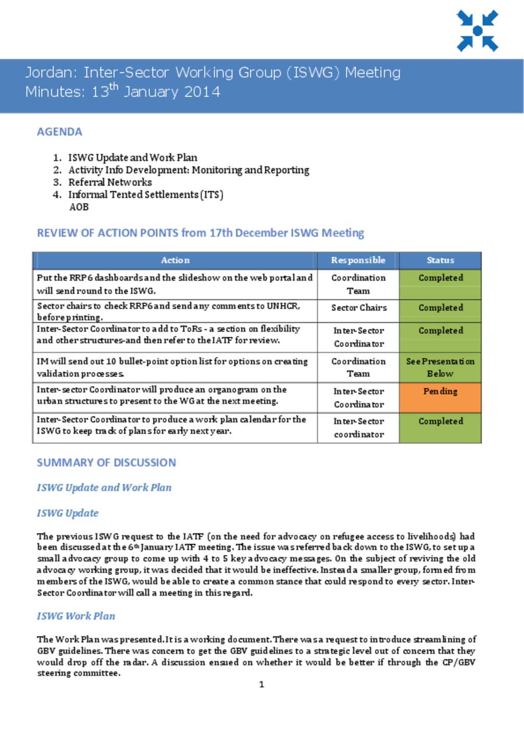 Document - Inter-Sector Working Group Minutes 13th January 2014