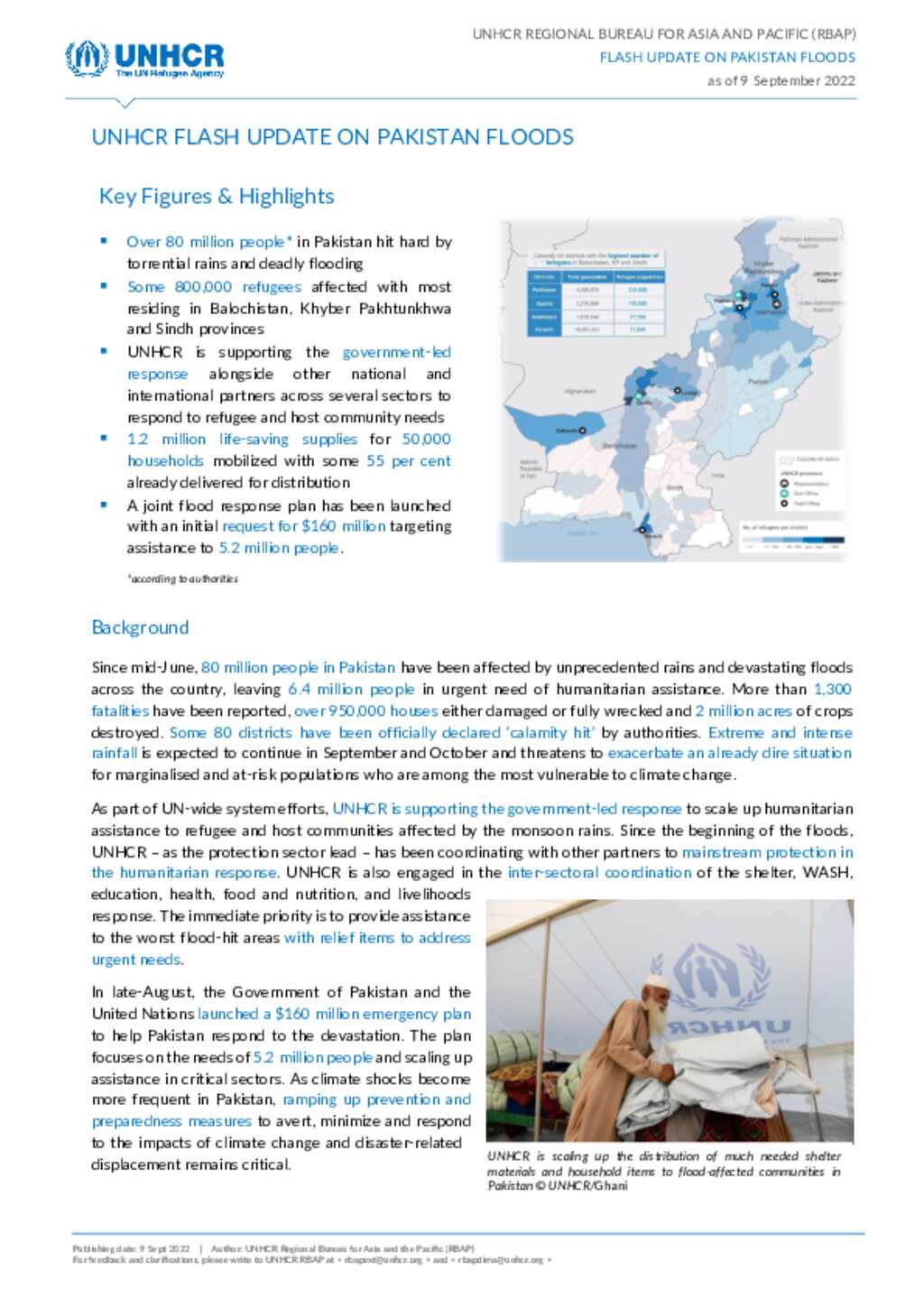 Document - UNHCR RBAP: UNHCR Flash Update #1 on Pakistan Floods