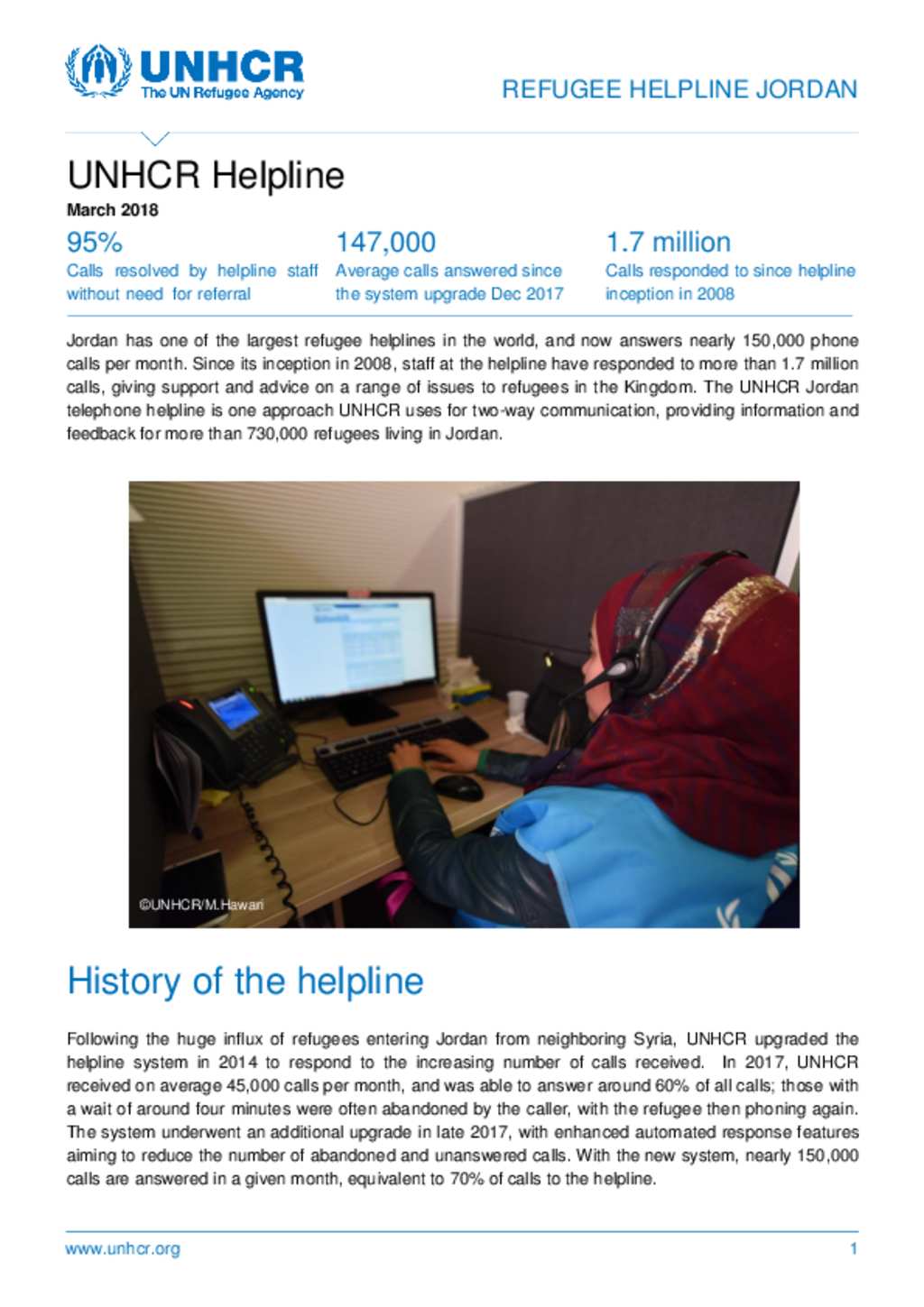 Document - UNHCR Jordan Refugee Helpline Factsheet March 2018