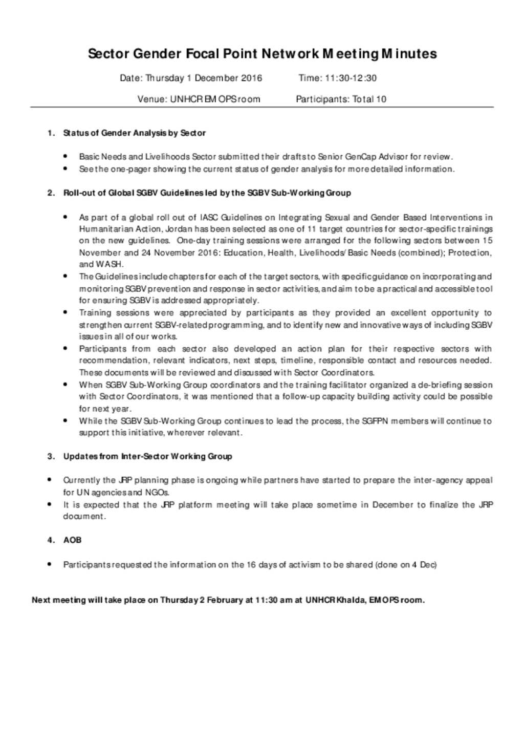 Document - Sector Gender Focal Points Network Meeting (1 Dec 2016)