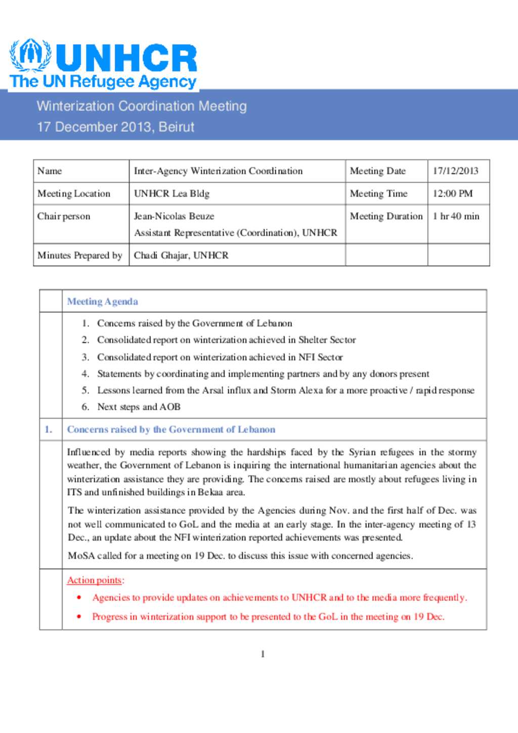 Document - Inter-Agency Winterization Meeting - Action Points, 2013-12-17