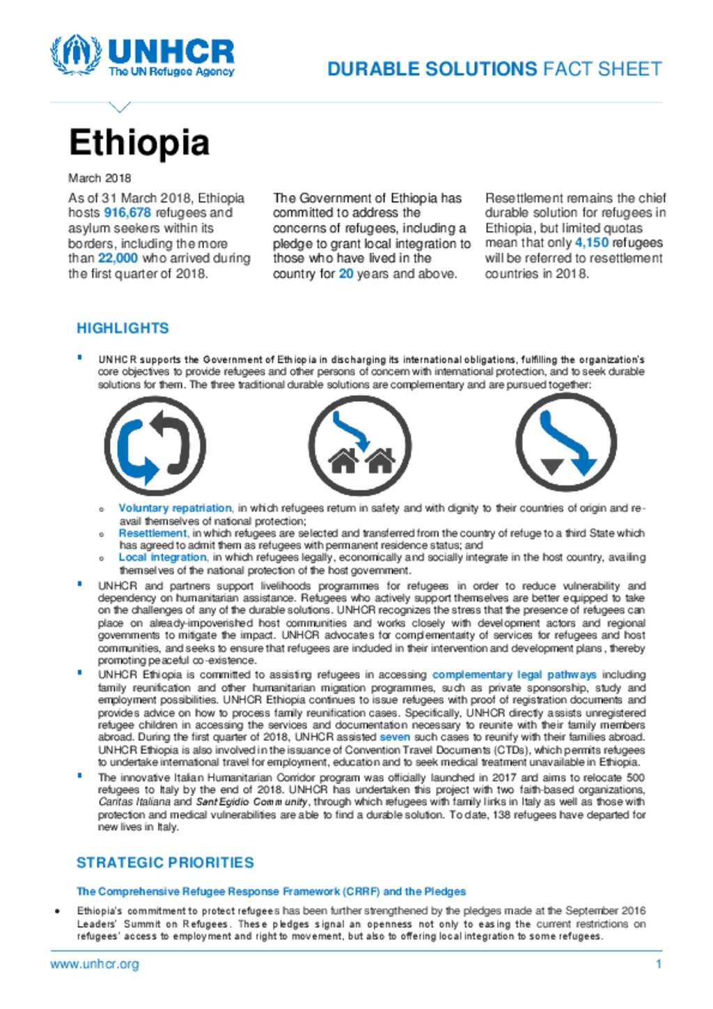 Document - UNHCR Ethiopia Durable Solutions Fact Sheet March 2018