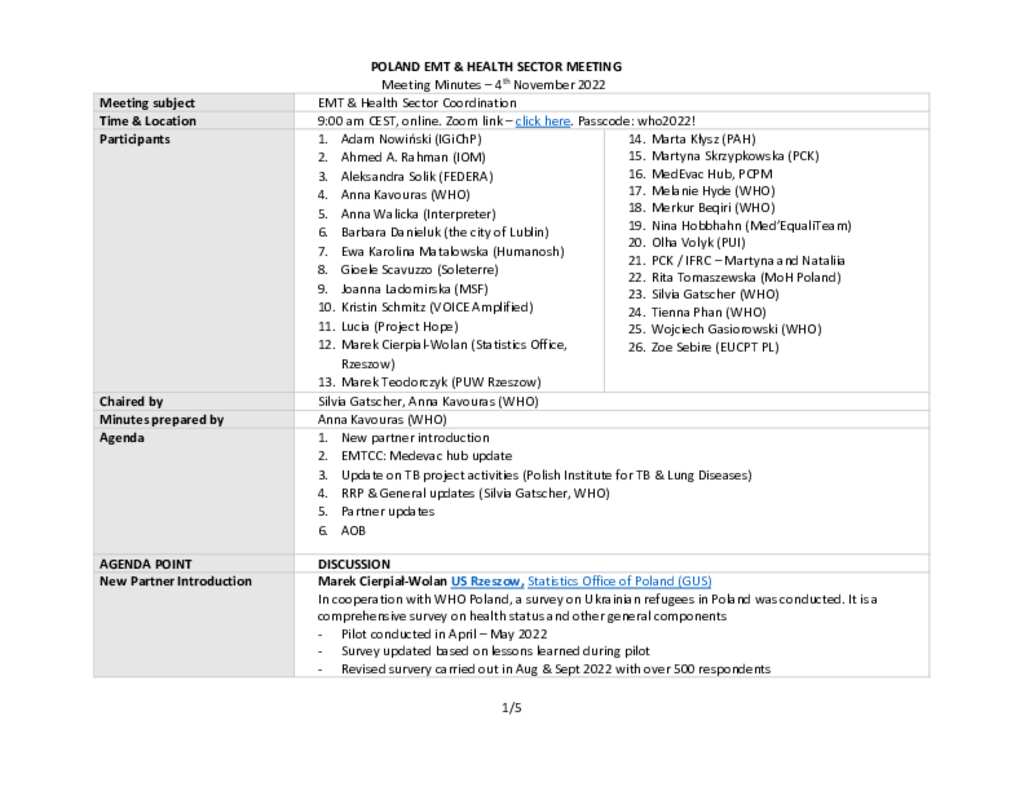 Document - Poland: EMT & Health Coordination Call - 04 November 2022 Document - Poland: EMT & Health Coordination Call - 04 November 2022