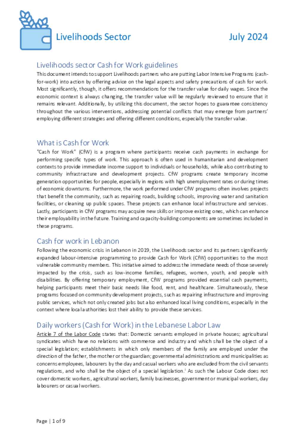 Document - Cash For Work Guidelines - Livelihoods Sector - Updated May 2025