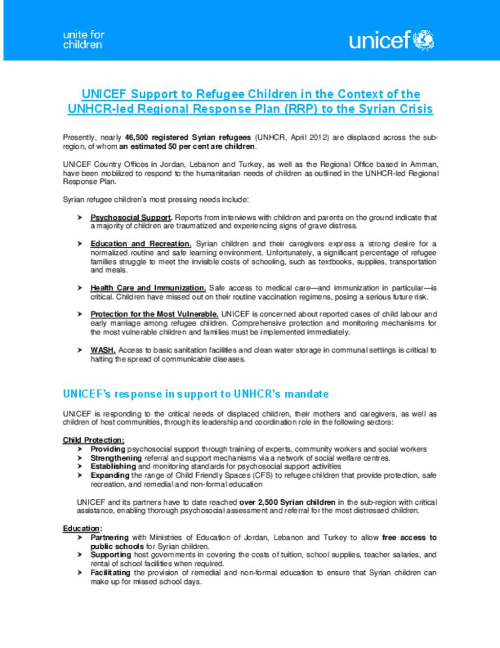 Document - UNICEF Support to UNHCR-Led RRP Apr 2012
