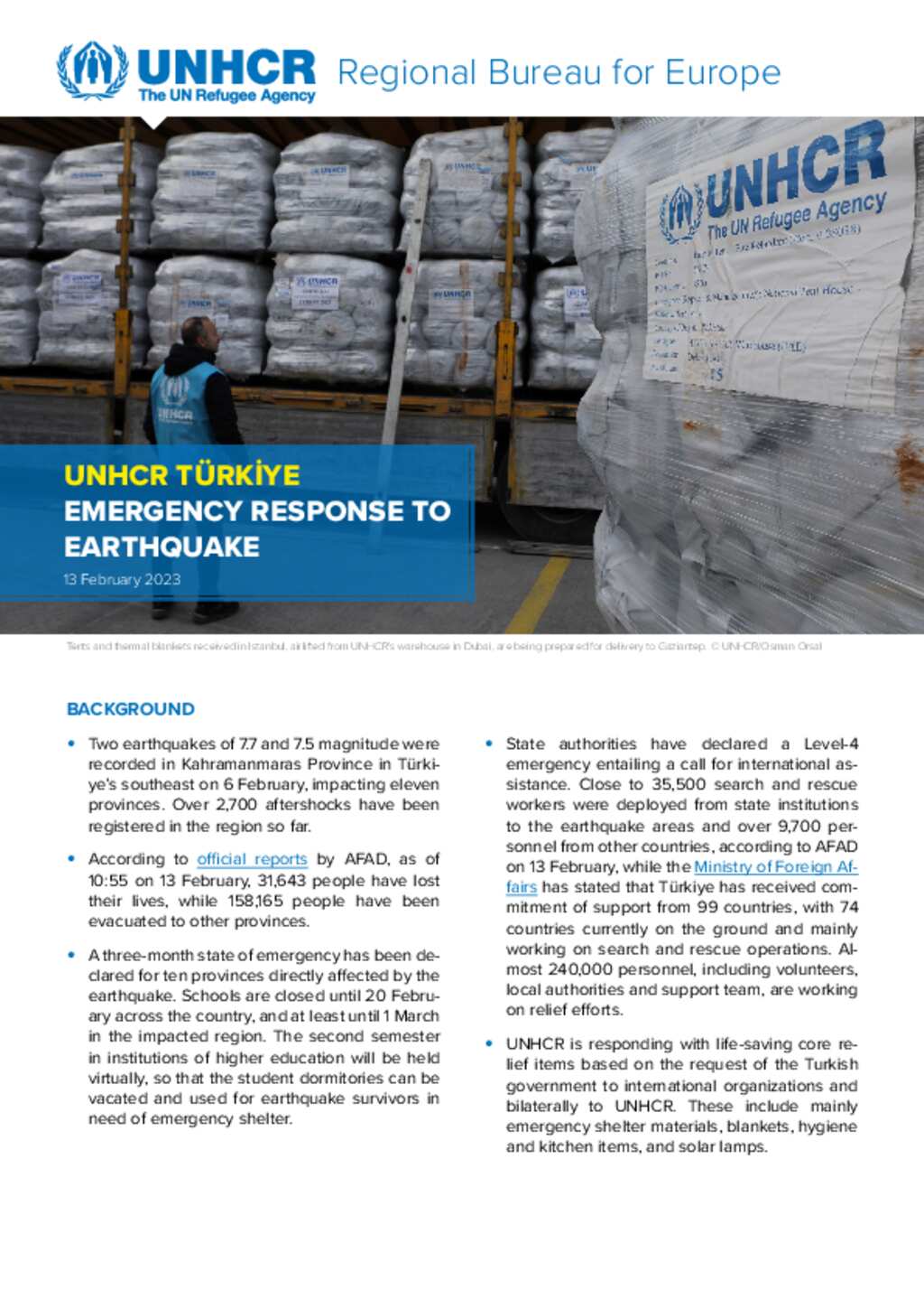 Document - Türkiye - UNHCR: Emergency Response to Earthquake - 13.02.23