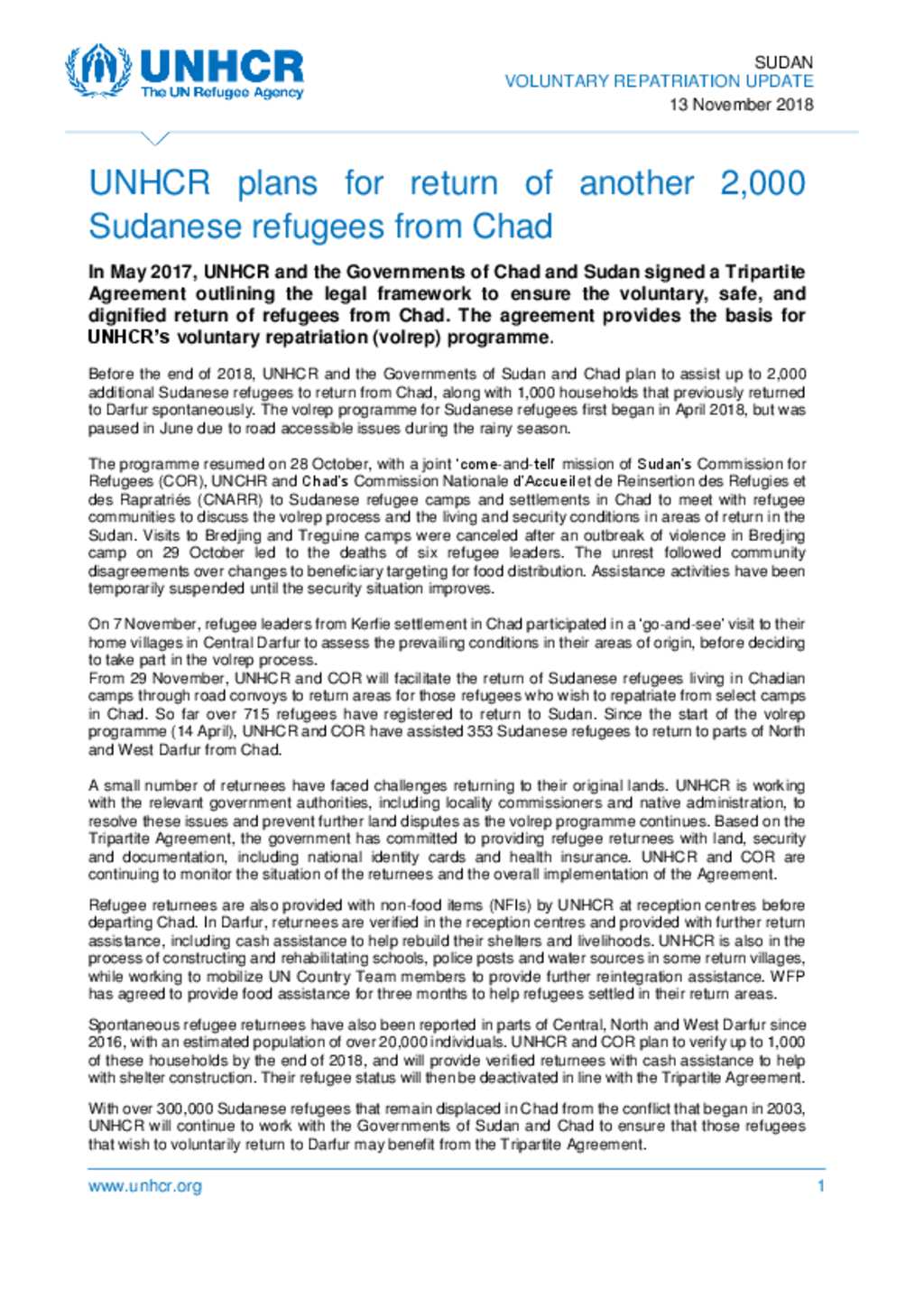 Document - UNHCR South Sudan: VOLUNTARY REPATRIATION UPDATE - 13 Nov 2018