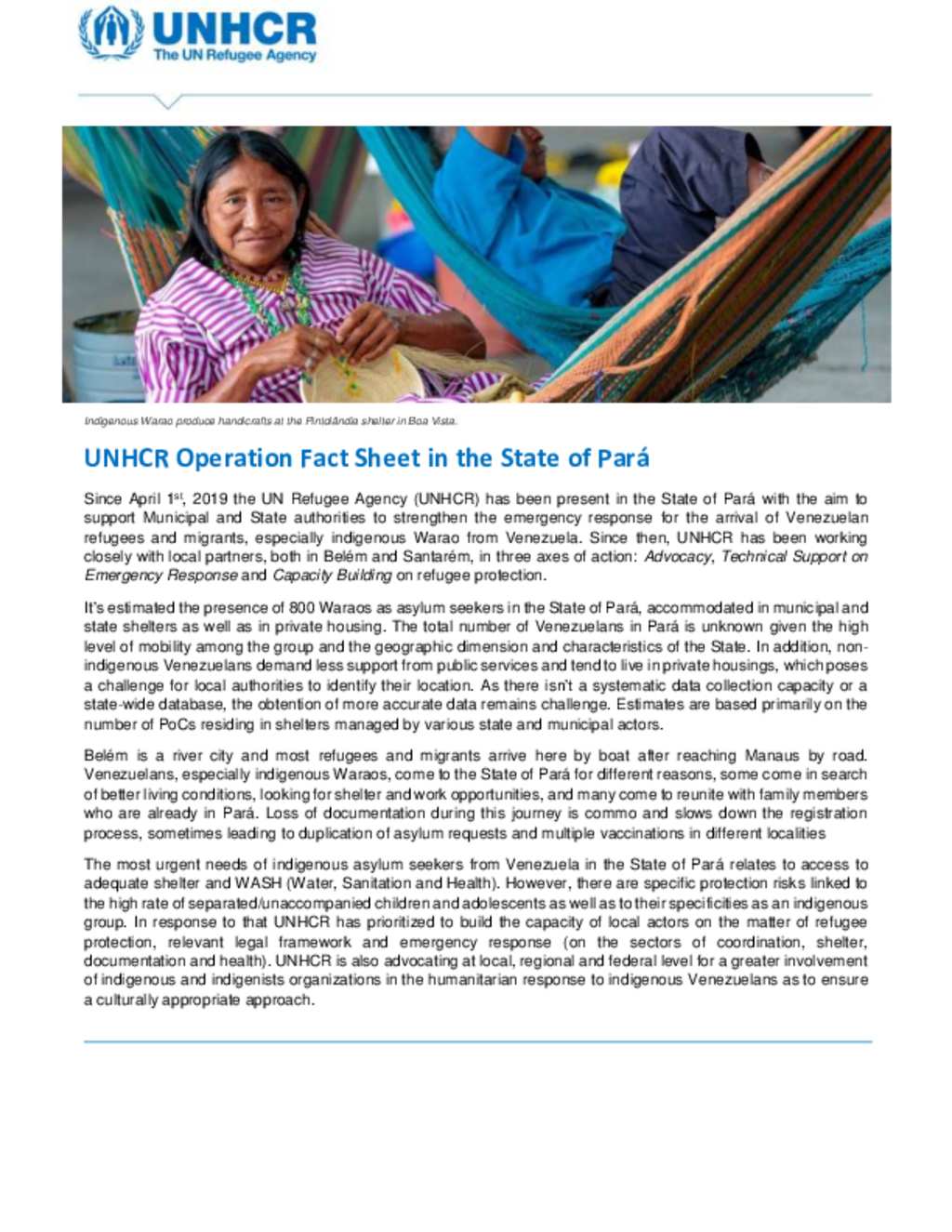 Document - Brasil: UNHCR Operation Fact Sheet in the State of Pará