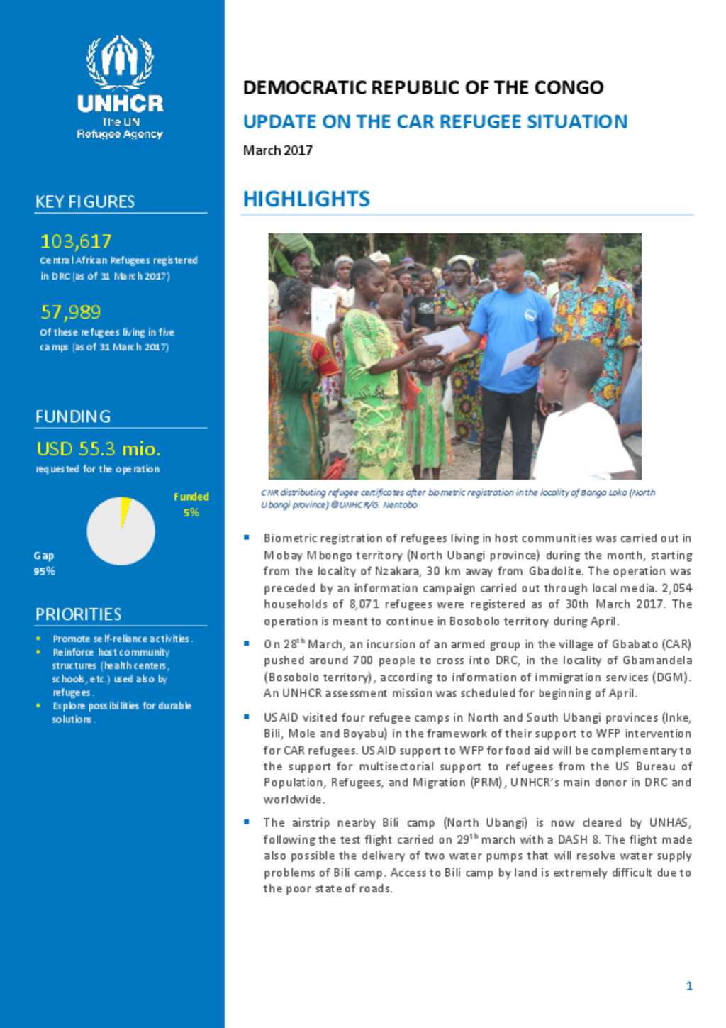 Document - UNHCR DRC update on CAR refugee situation - March 2017