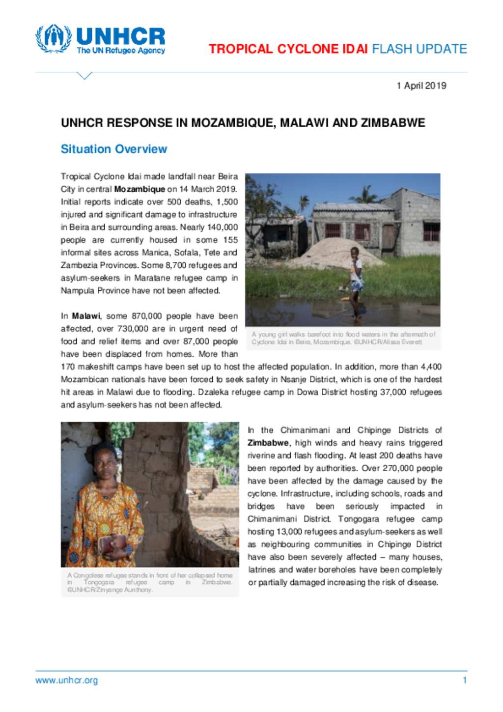 Document - UNHCR Flash Update - Tropical Cyclone Idai Response, 1 April ...