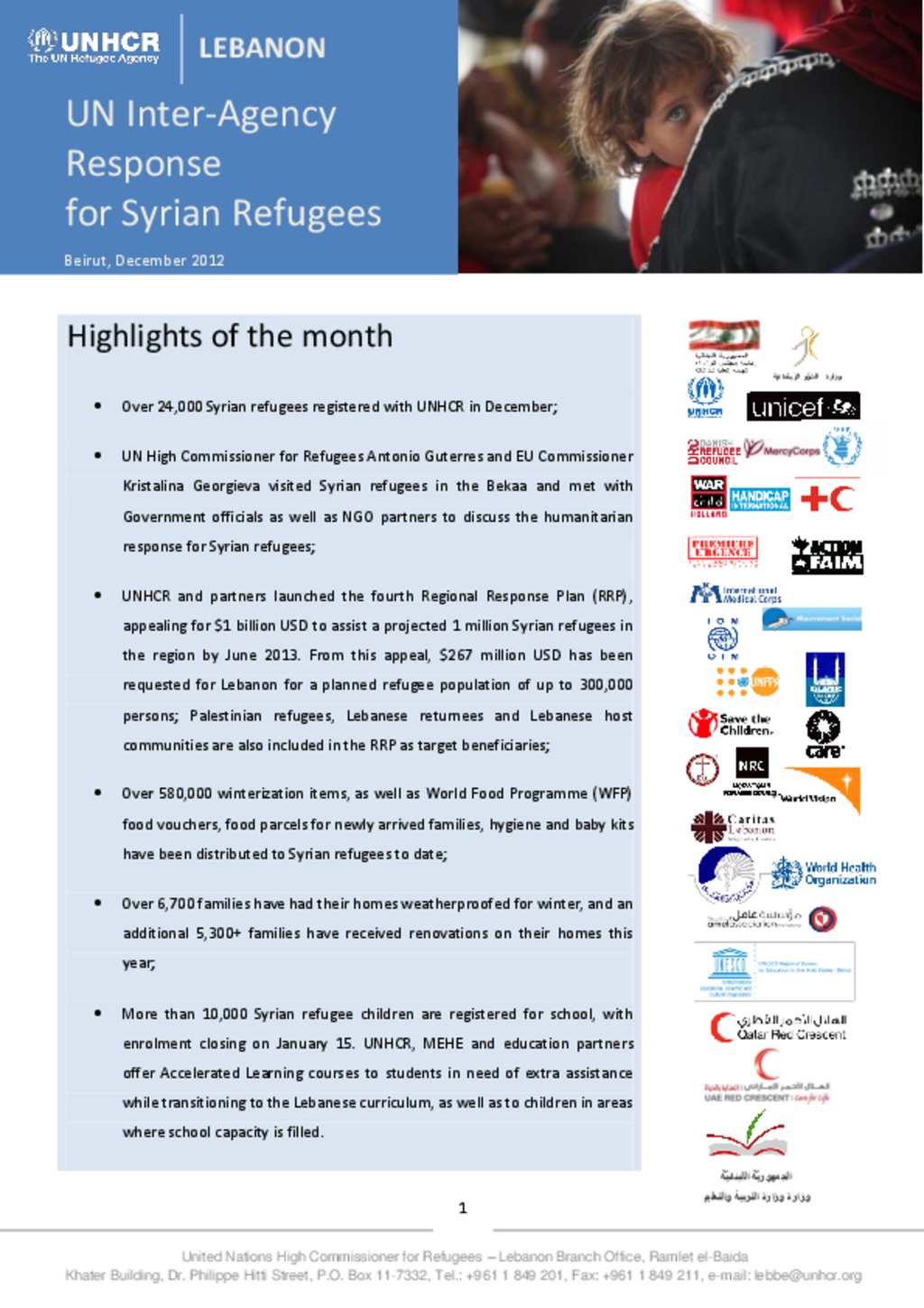 Document - UNHCR Lebanon Monthly Overview - 2012-12-28