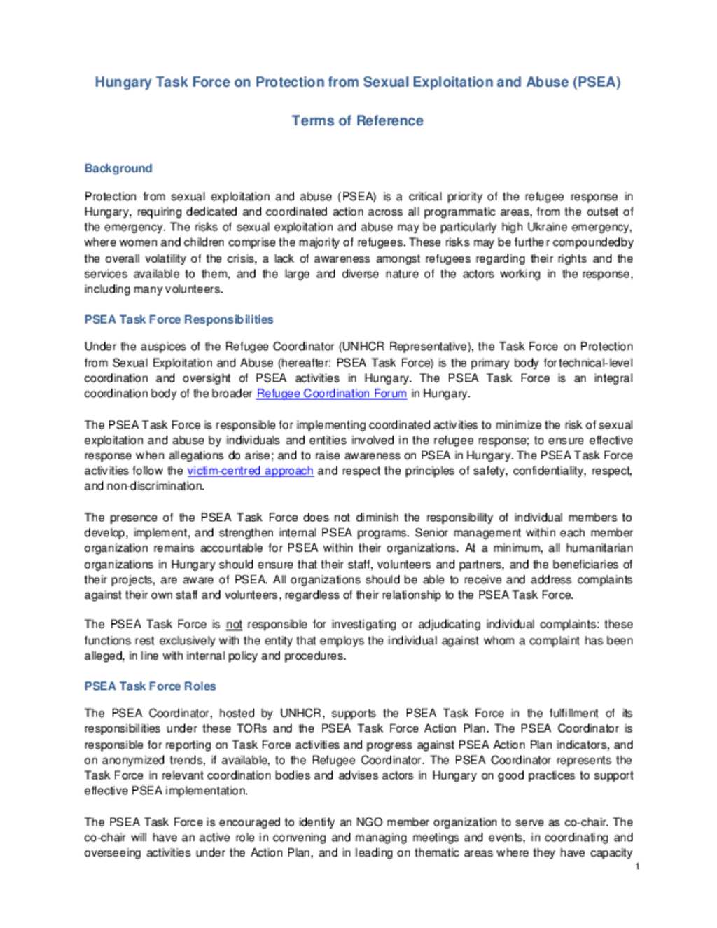 Document - Hungary PSEA Task Force Terms of Reference (September 2023 update)