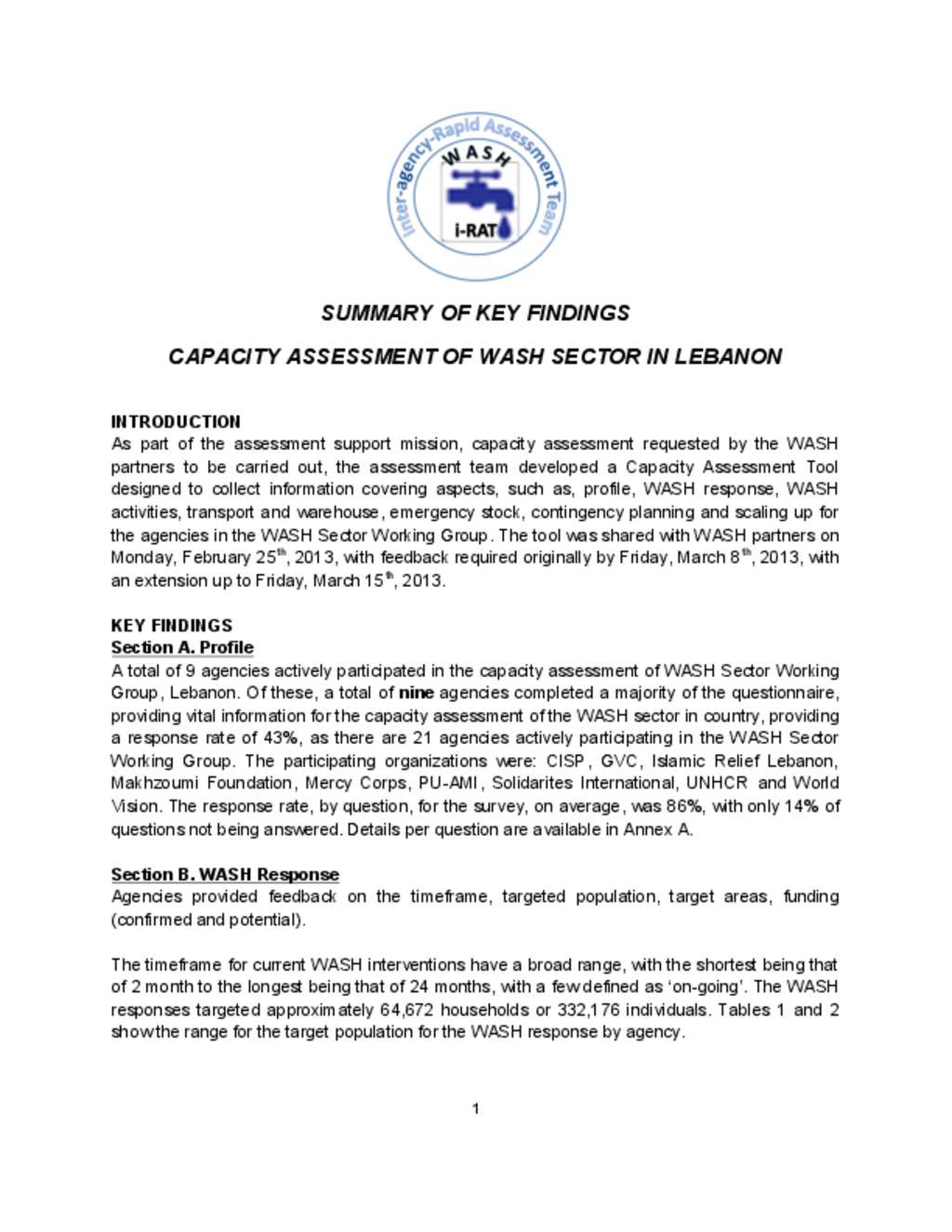 Document - Rapid Assessment Team - WASH - Capacity Assessment report