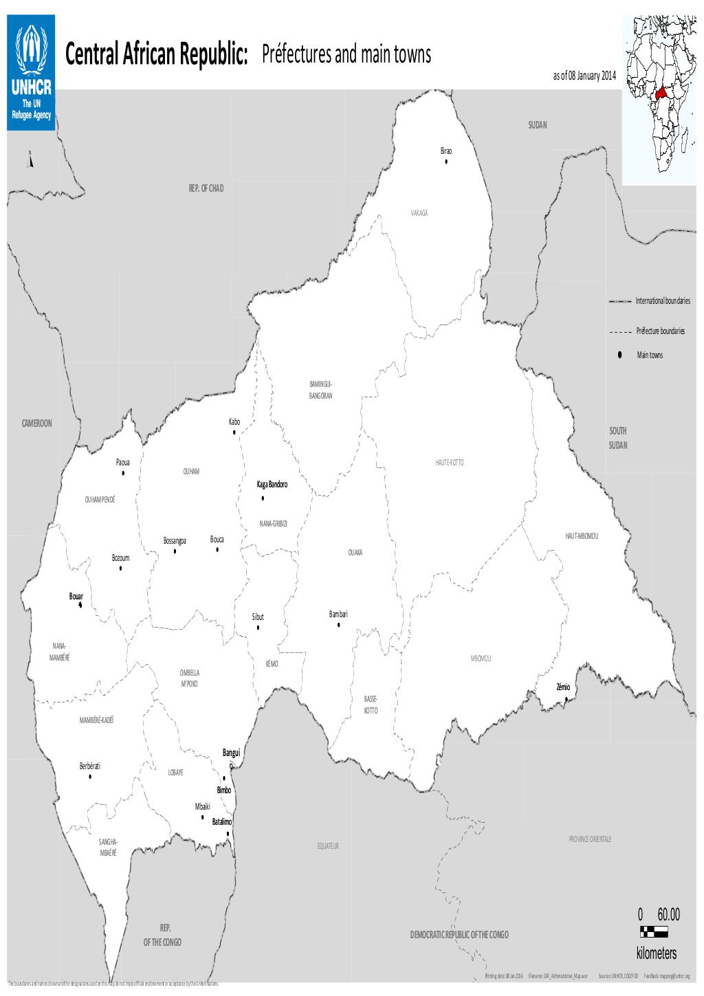 Document - Central African Republic: Préfectures and main towns as of 08 January 2014