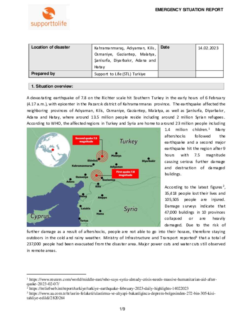 Document - Türkiye - STL: Earthquake Emergency Situation Report 14.02.23