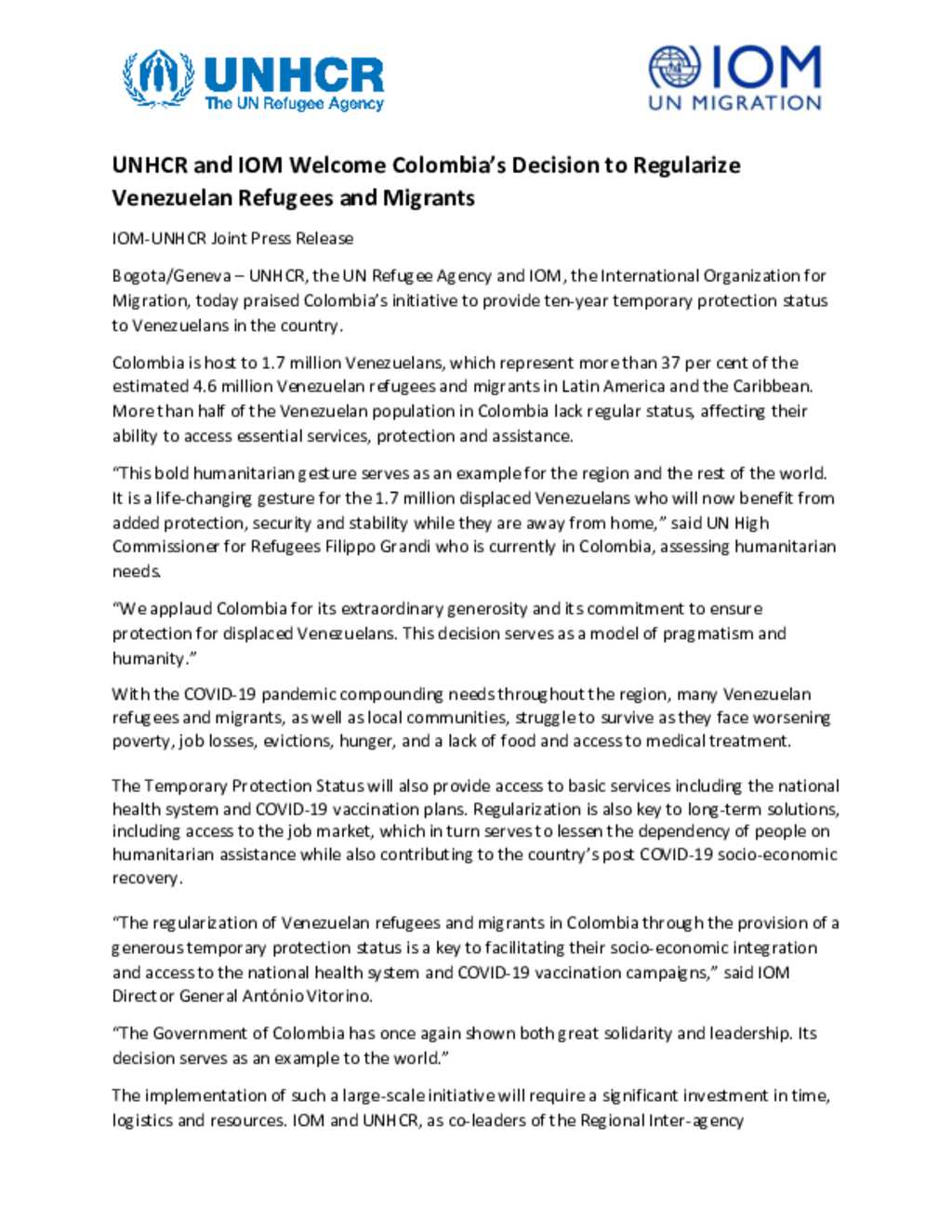 Document - UNHCR and IOM Welcome Colombia’s Decision to Regularize ...