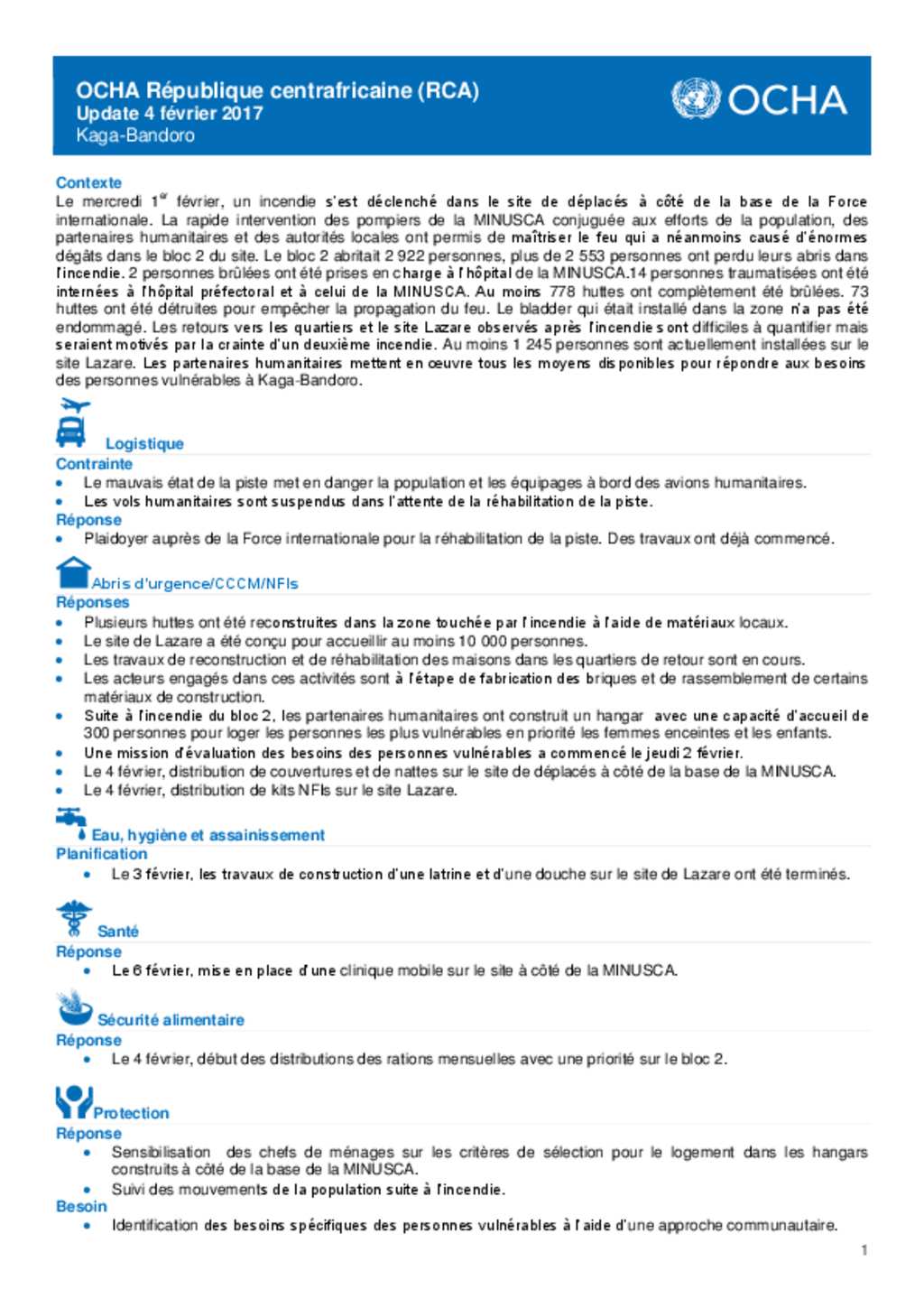 Document - OCHA République centrafricaine (RCA) Update 4 février 2017 Kaga-Bandoro