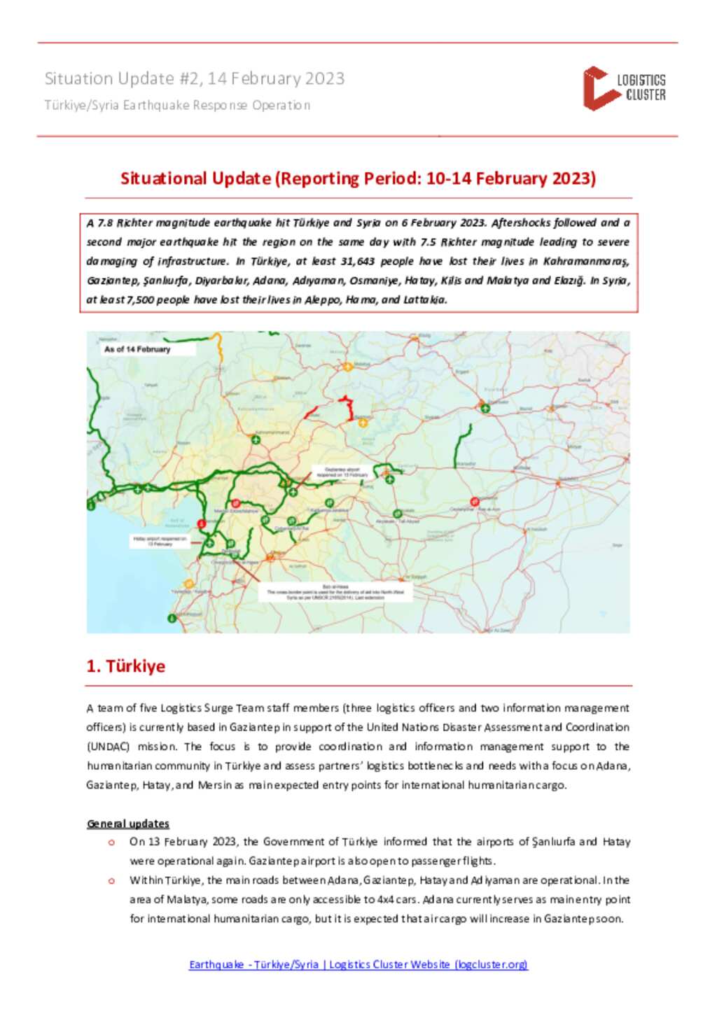 Document - Türkiye - Logistics Cluster: Situational Update (Reporting ...