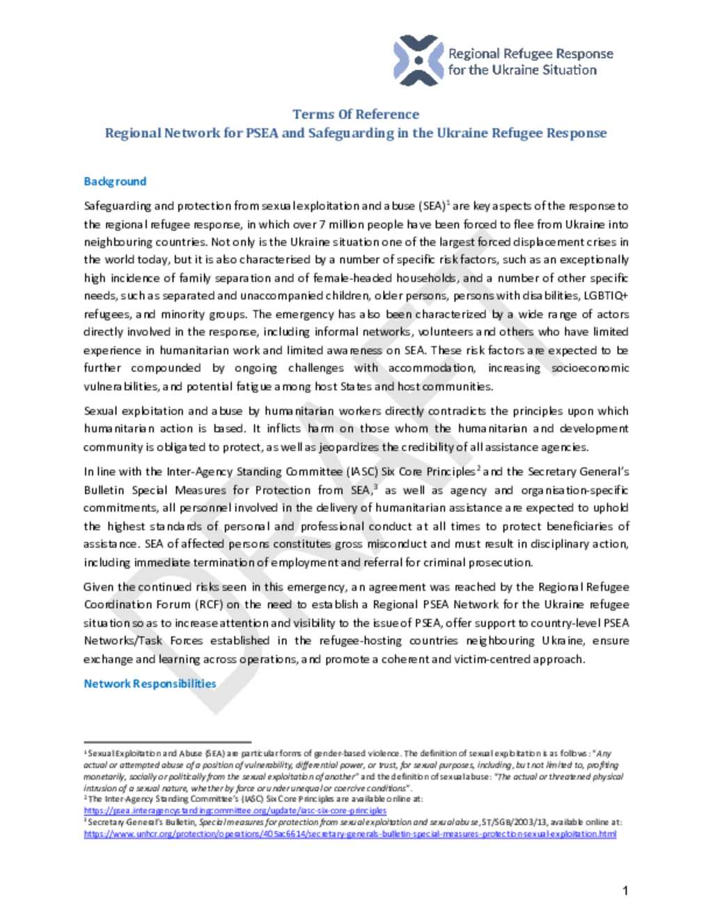 Document - Terms Of Reference - Regional Network for PSEA and Safeguarding in the Ukraine ...