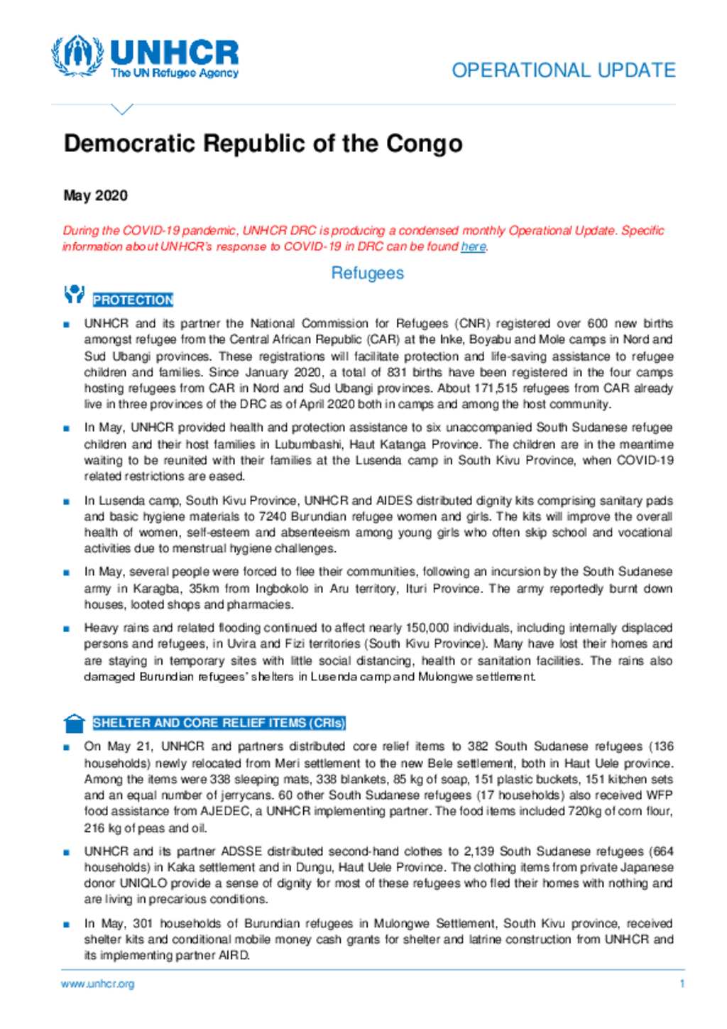 Document - UNHCR DRC - Operational Update (May 2020)