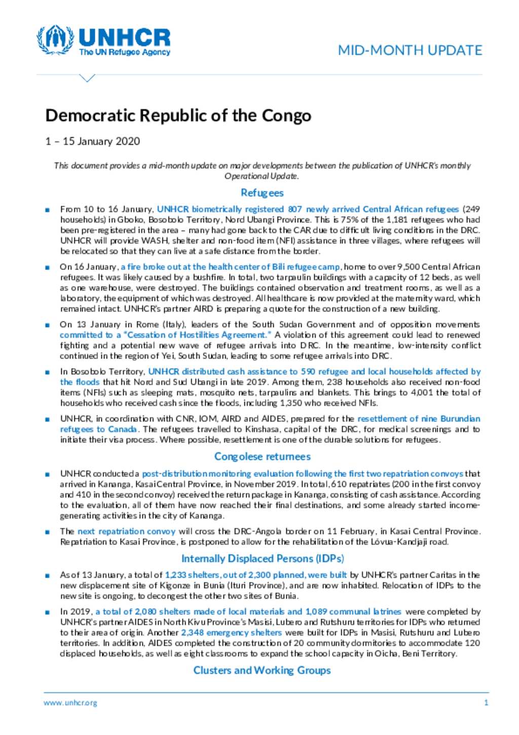 Document - UNHCR DRC - Mid-month update (1-15 January 2020)