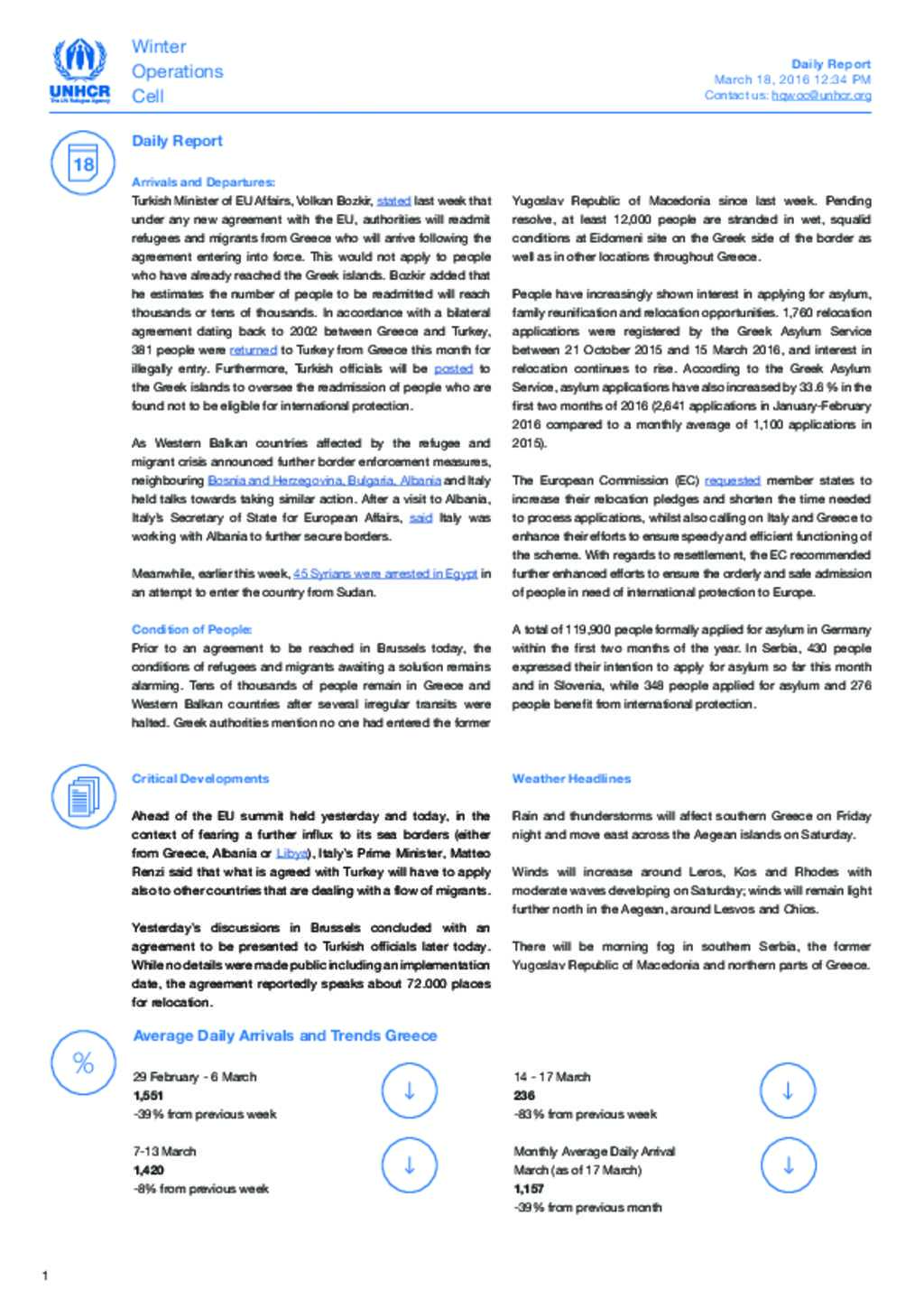 Document - Winter Operations Cell Daily Report 18 March 2016
