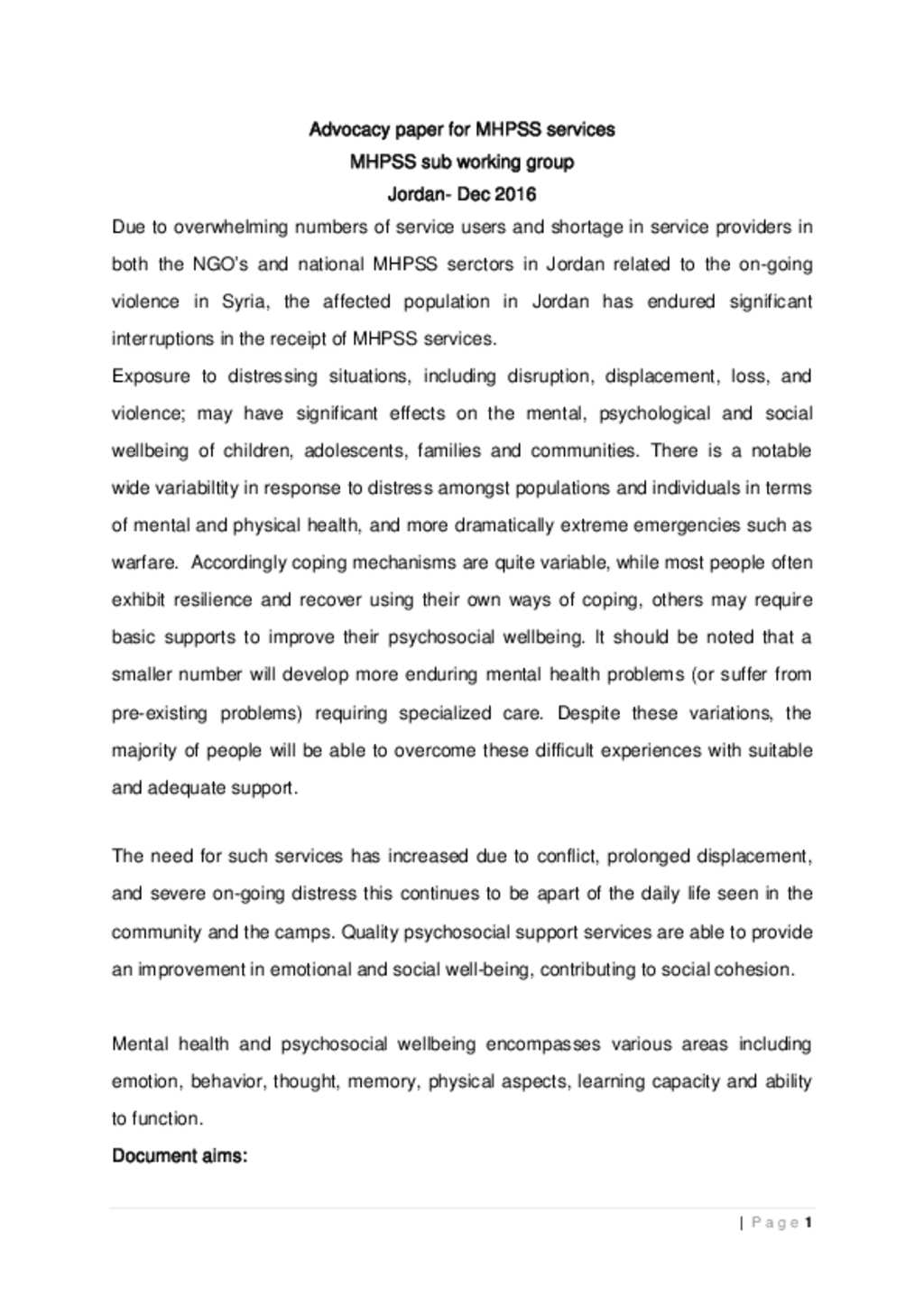 Document - Advocacy paper for MHPSS services MHPSS SWG- Dec 2016