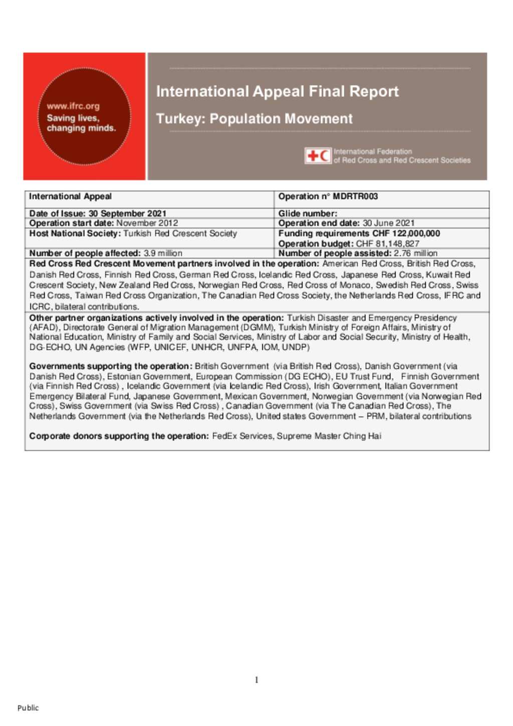 Document - IFRC - Turkey: International Appeal n° MDRTR003 Final Report