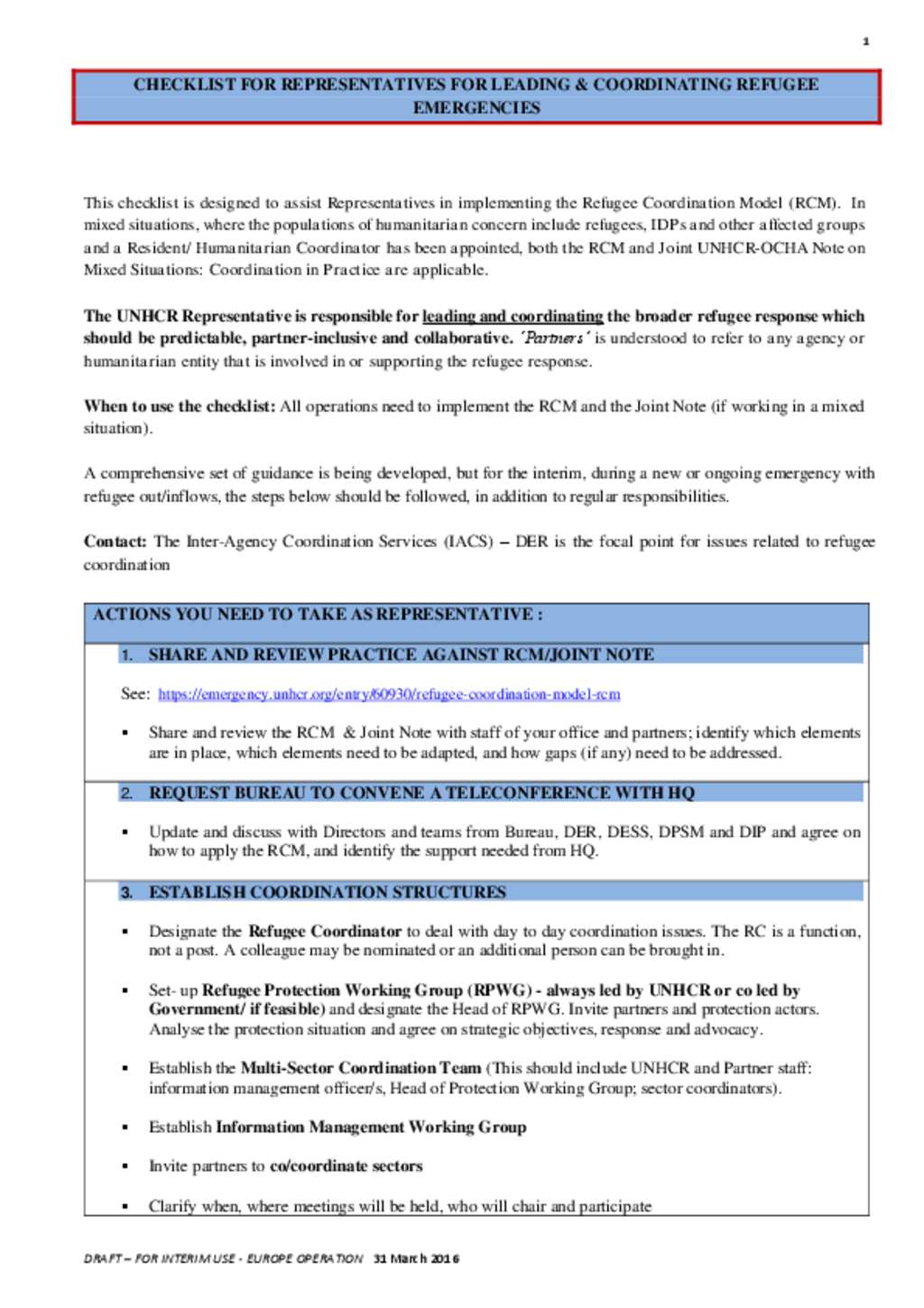 Document - 6. Checklist for UNHCR Representatives - Refugee Coordinator